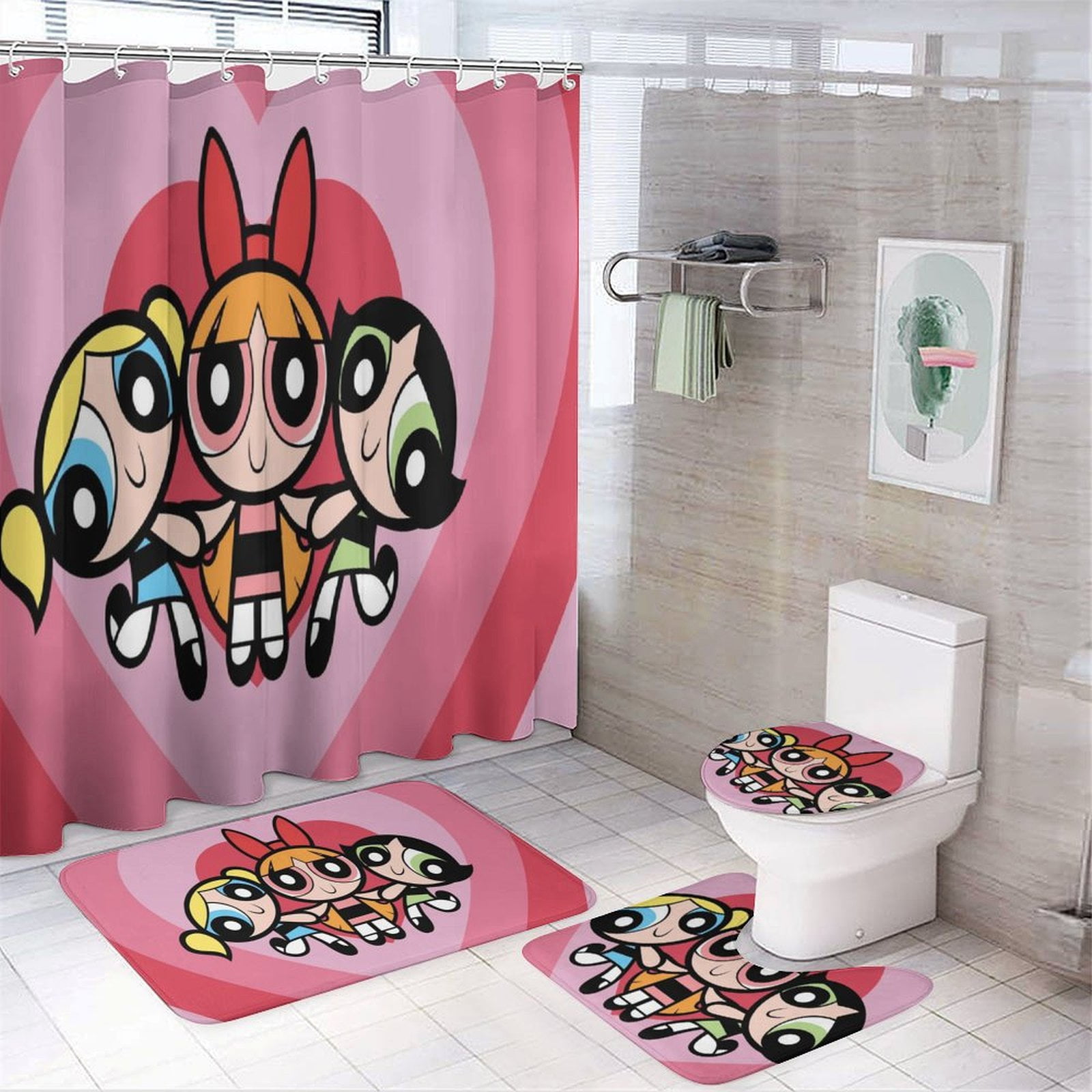 Powerpuff Girls Shower Curtain Set with Non-Slip Rug, Toilet Lid Cover ...