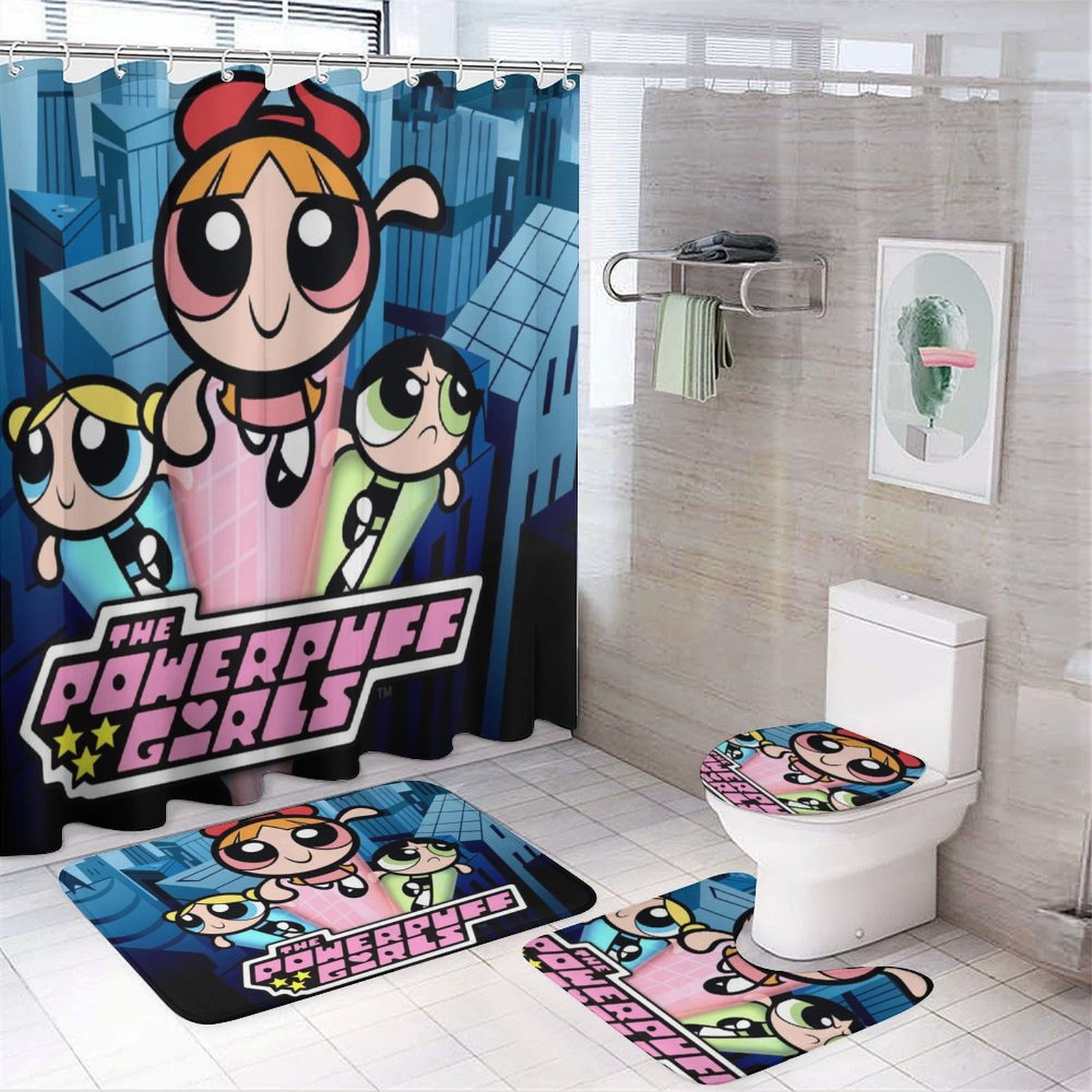 Powerpuff Girls Shower Curtain Set with Non-Slip Rug, Toilet Lid Cover ...