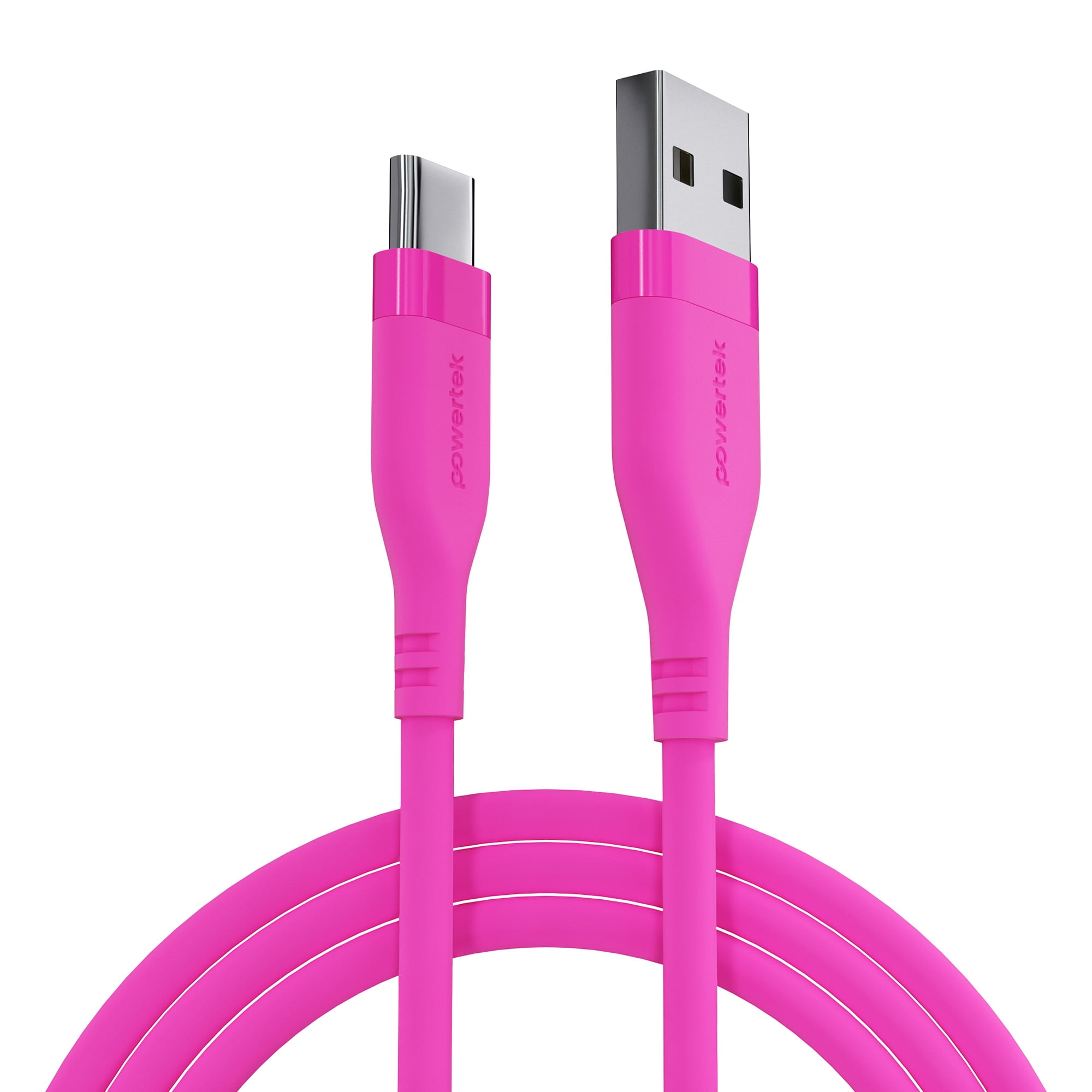 Powertek Neon Pink Silicone USB-A to USB-C Cable, 6ft Fast Charge ...