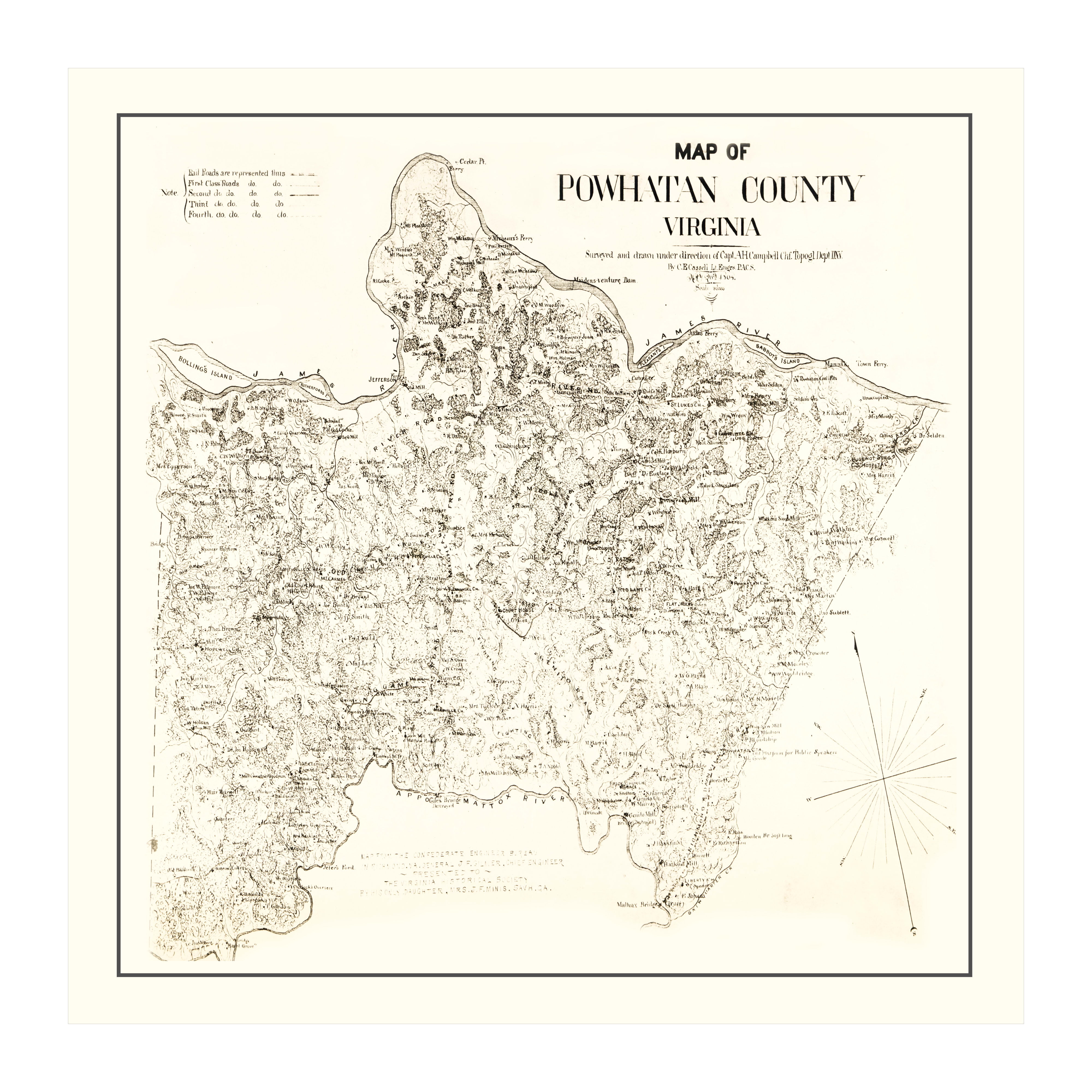 Powhatan County Virginia Art, 1864 Vintage Map of Powhatan County VA ...