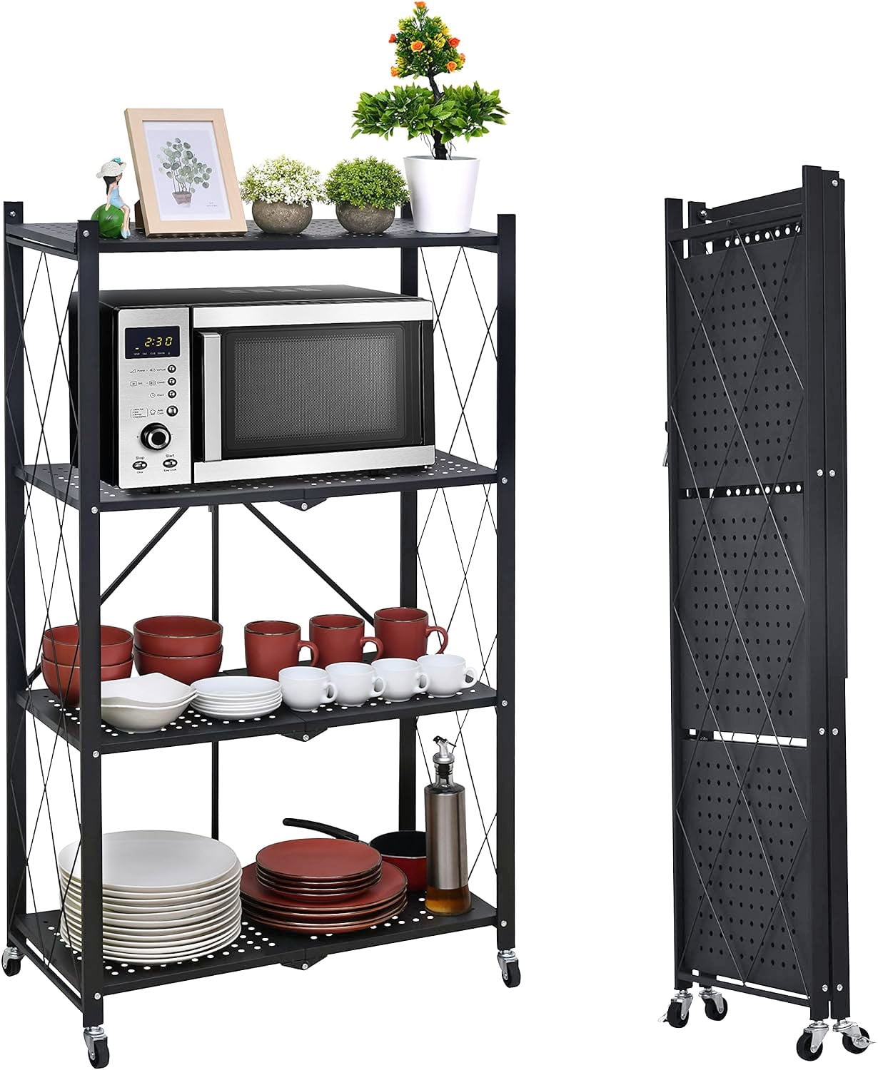 Powiller 4-Tier Foldable Storage Shelf with Wheels, Heavy Duty Metal ...