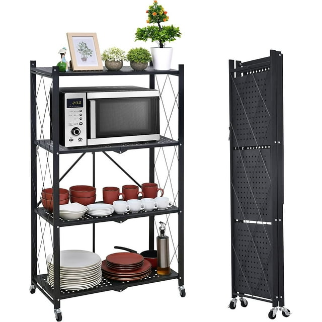 Powiller 4-Tier Foldable Storage Shelf with Wheels, Heavy Duty Metal ...