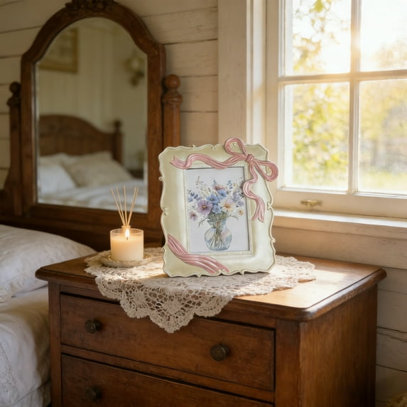 PpgejGEK Photo Display Exquisite Frame with Bow Knot Pearl White Resin ...