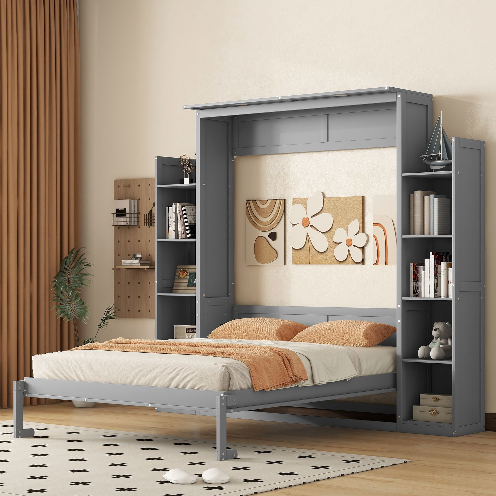 Practical Design Solid Wood Bed Frame Murphy Bed Wall Bed with Shelves ...