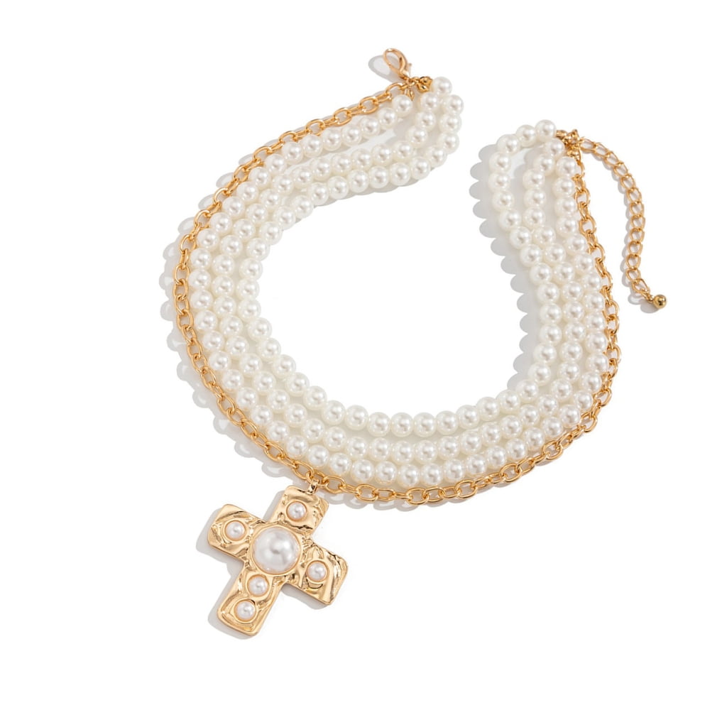 Practical Pearls Embellished Elegant Gold Crosses Necklace Decoration ...