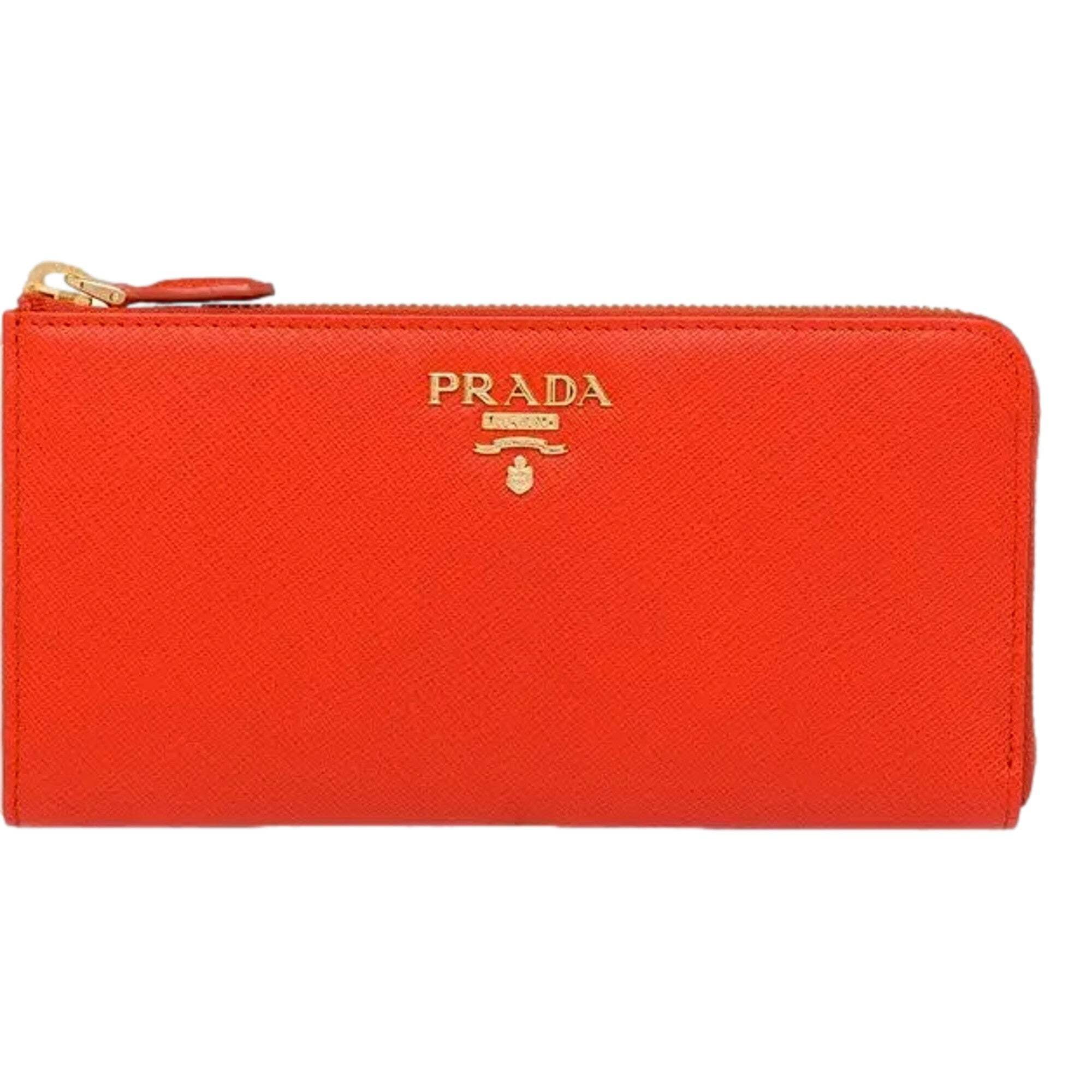 Prada Saffiano Long Continental Zip Wallet Orange Leather Gold Logo ...
