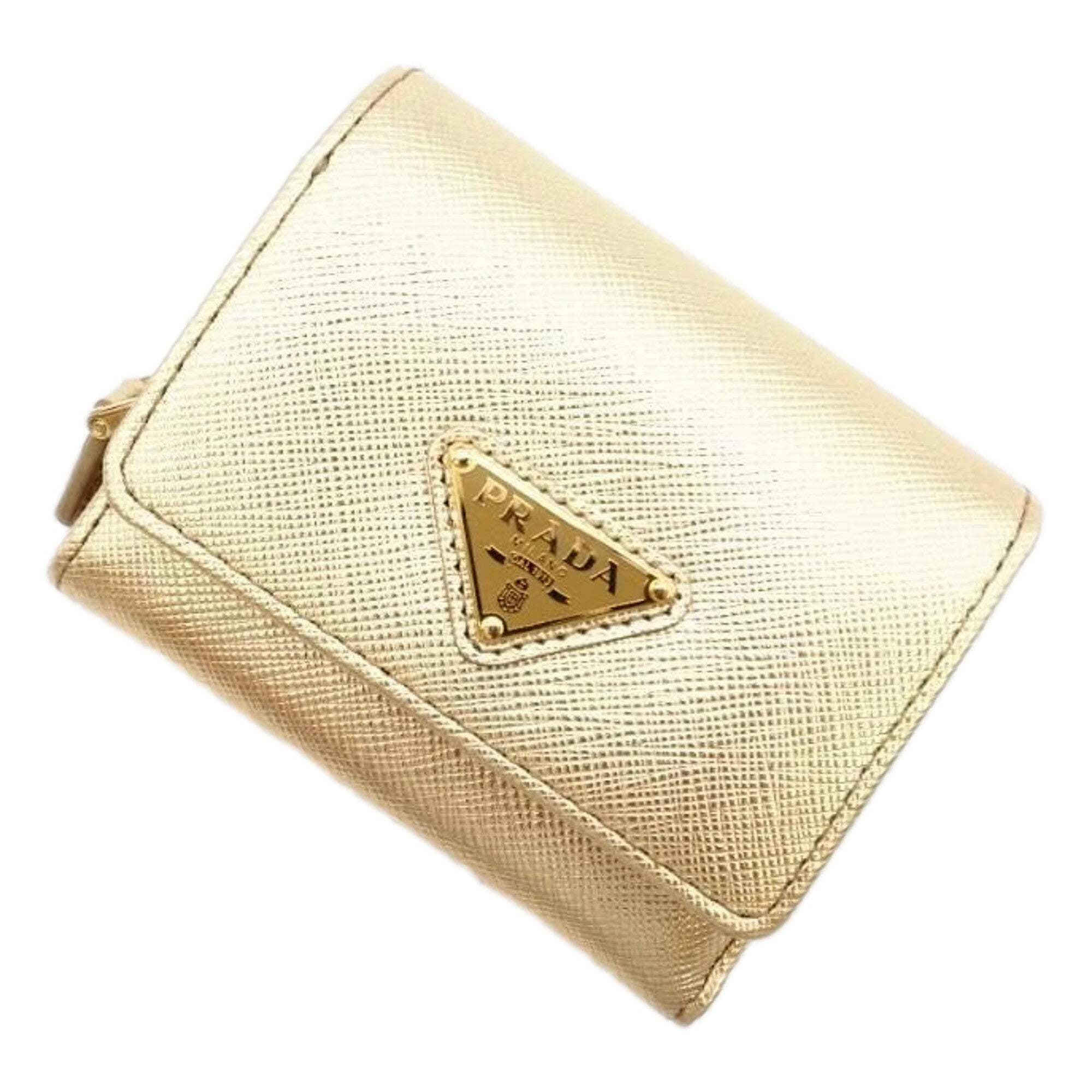 Prada Saffiano Platino Gold Trifold Wallet Card Case with Zipper Coin ...