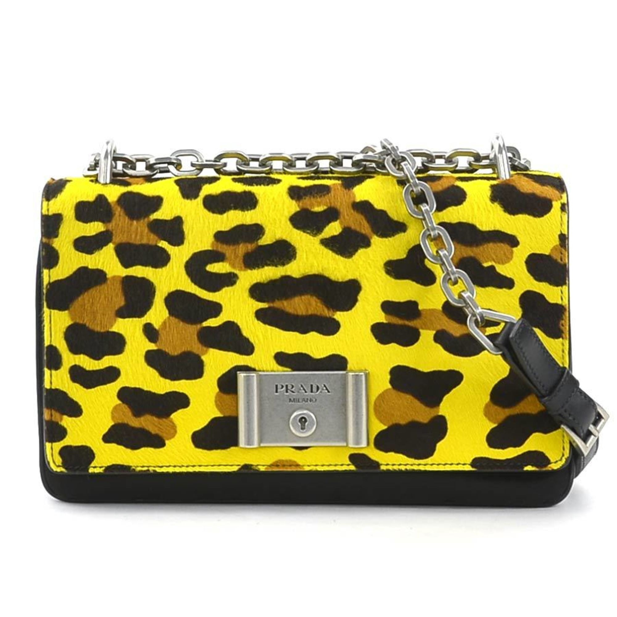 Pre-Owned Prada Shoulder Bag Leopard Print Pony Nylon Yellow Brown ...
