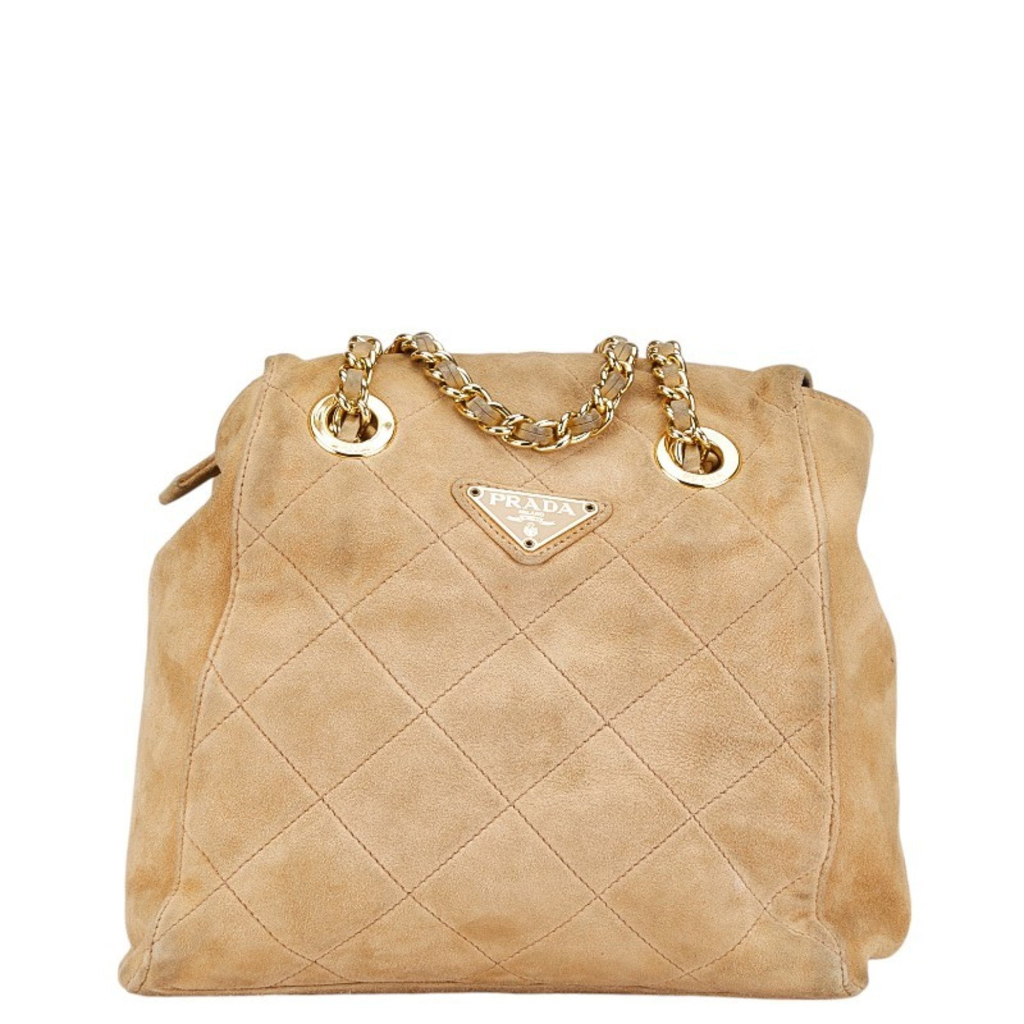 Pre-Owned Prada Triangle Plate Quilted Chain Shoulder Bag Beige Suede ...