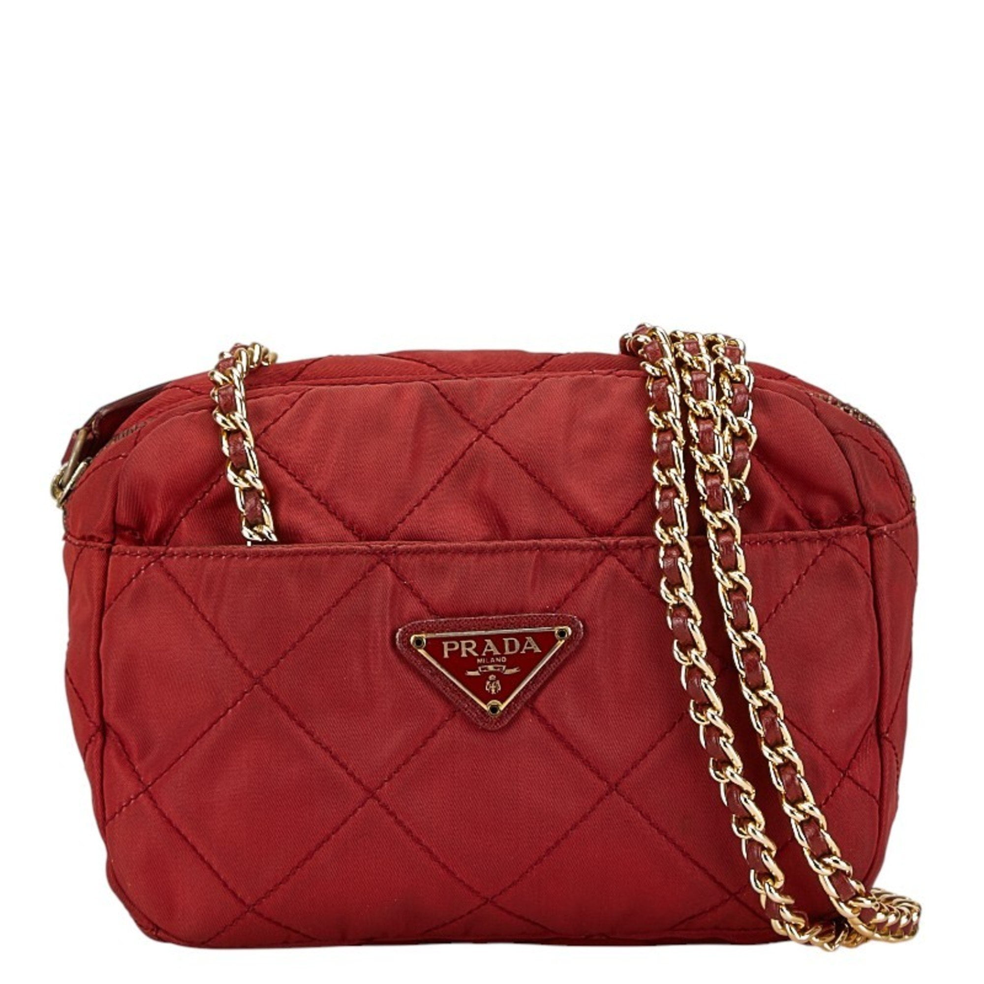 Pre-Owned Prada Triangle Plate Quilted Chain Shoulder Bag Red Nylon ...