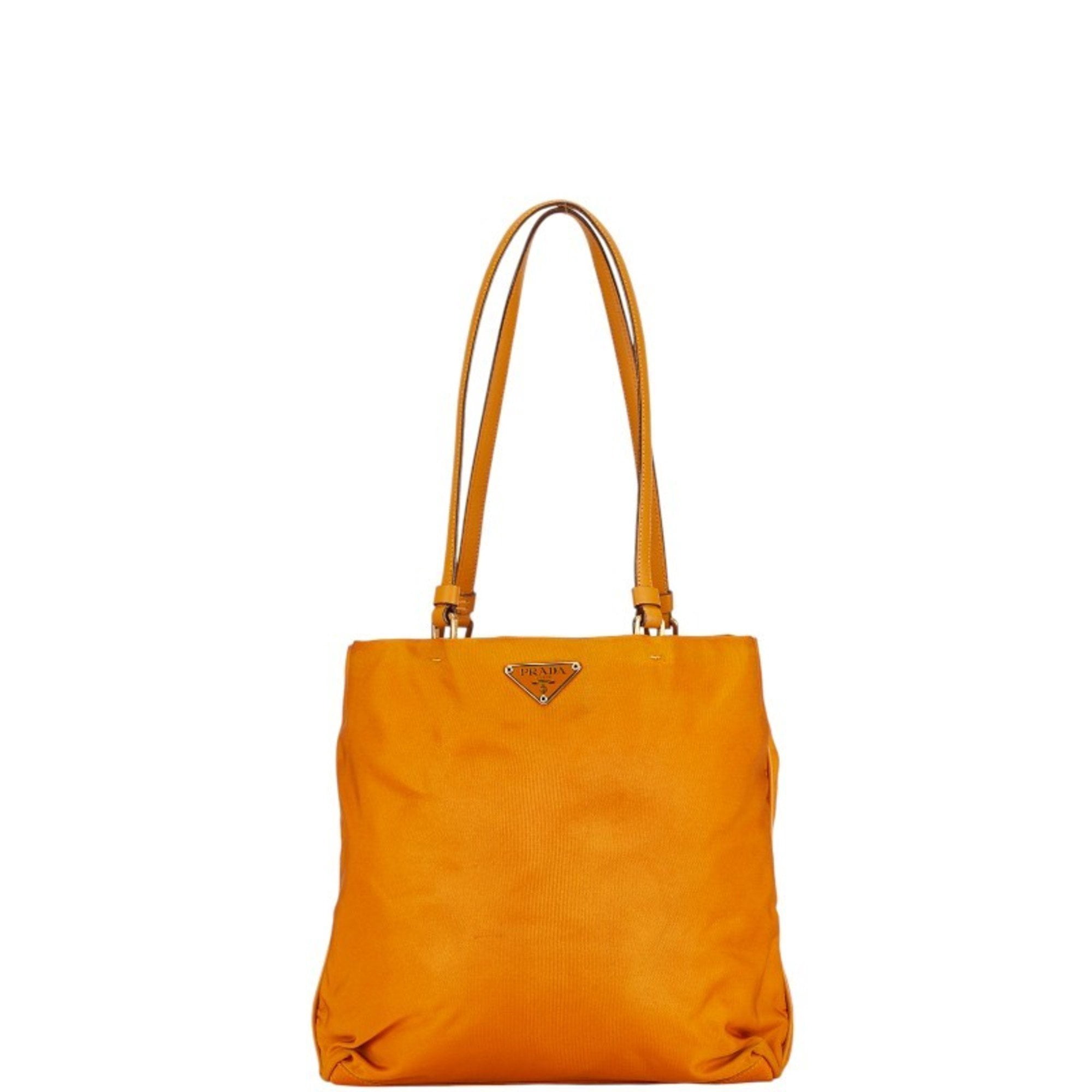 Pre-Owned Prada Triangle Plate Tote Bag Shoulder Orange Nylon Leather ...