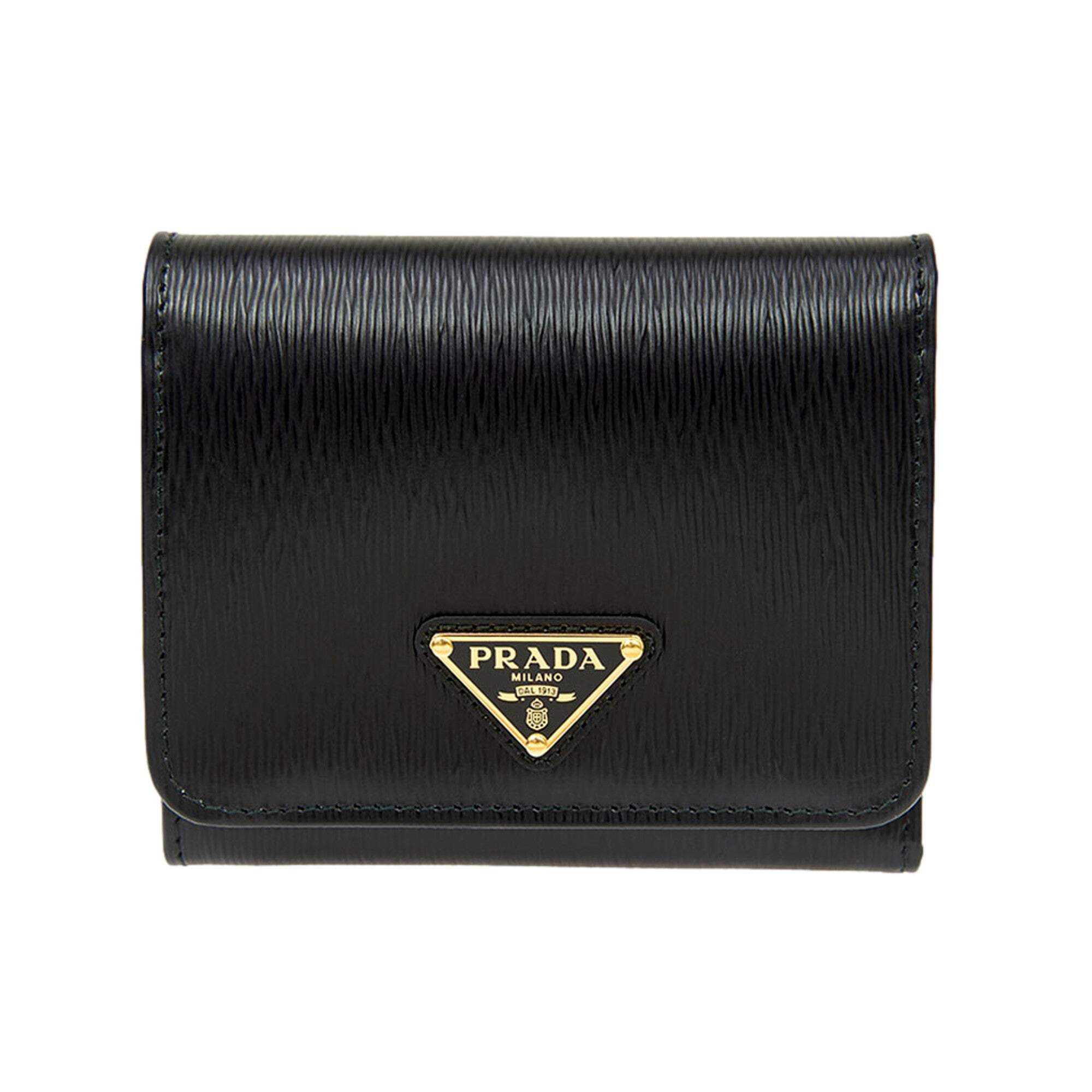 Prada Vitello Move Trifold Compact Wallet Black Leather Triangle Plaque ...