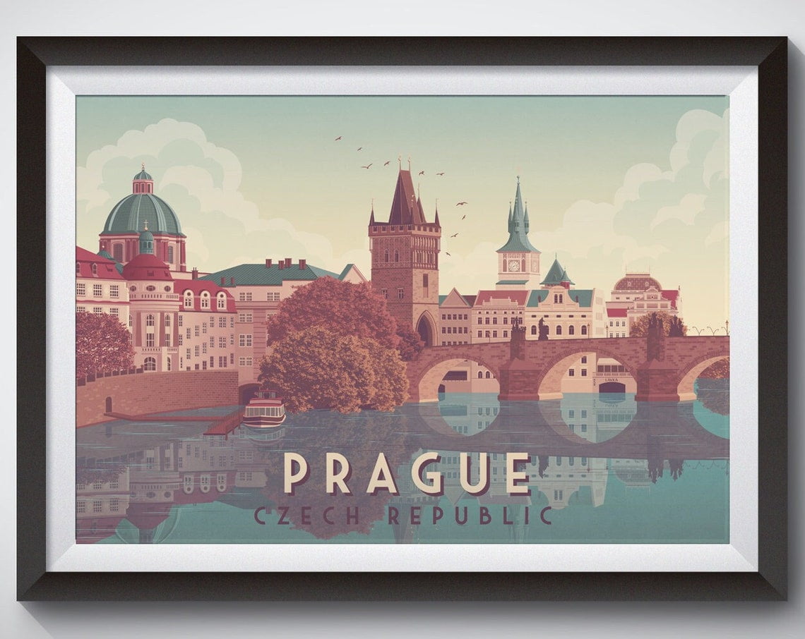 Prague Travel Poster, Czech Republic, Charles Bridge, Vltava River ...