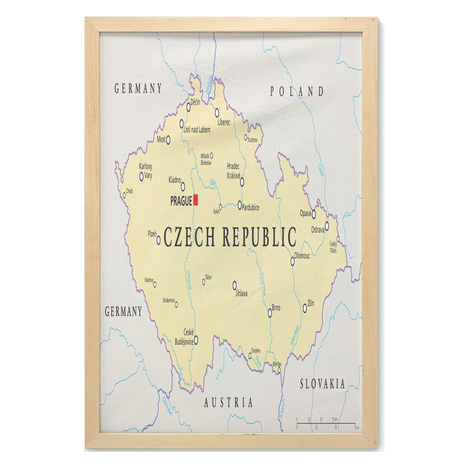 Prague Wall Art with Frame, Political Map of a European Country with ...