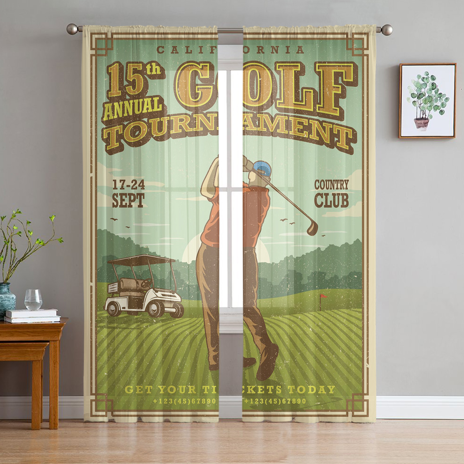 Prairie Golf Retro Car Tulle Sheer Window Curtains for Living Room ...