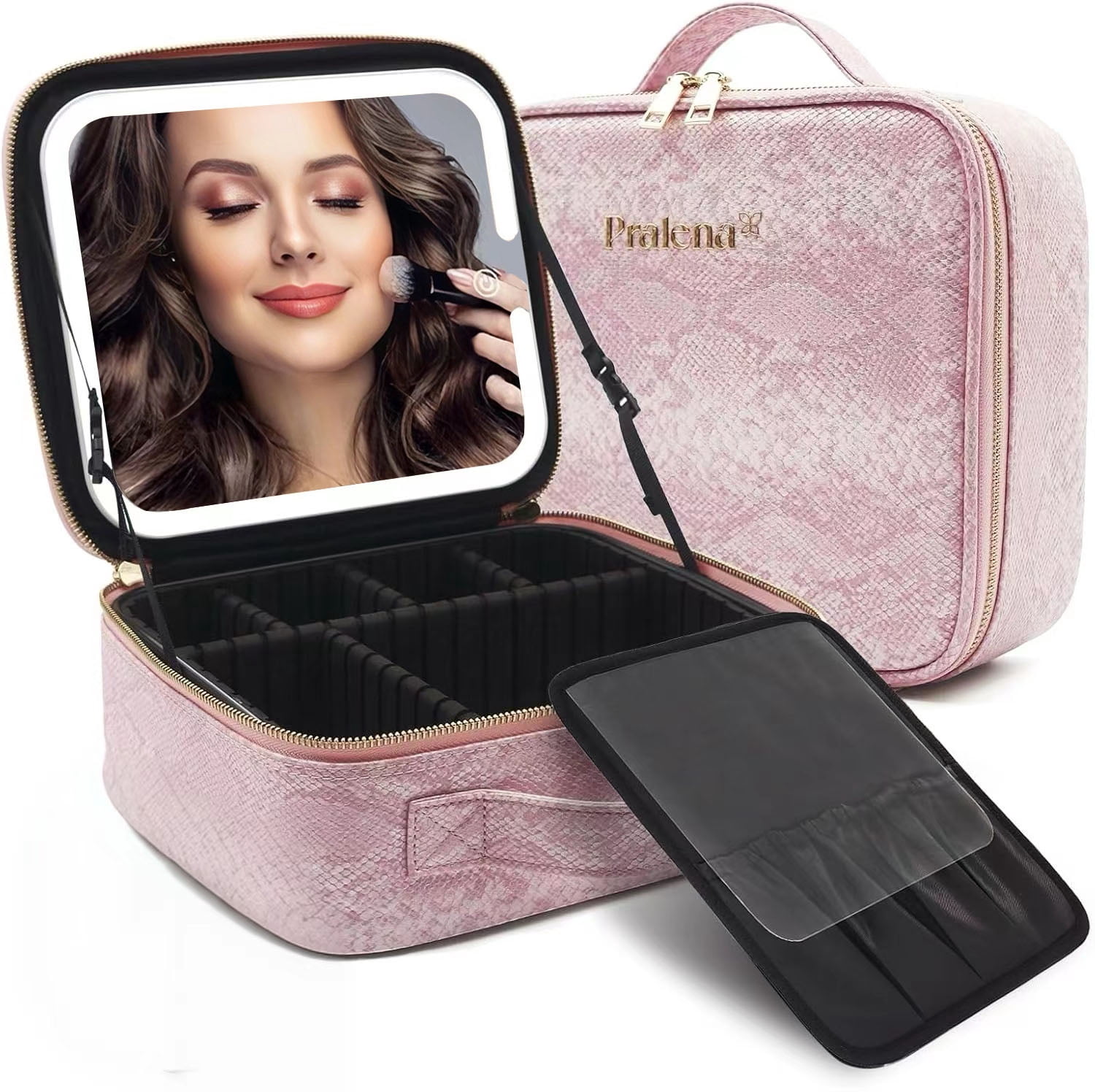 Pralena LED Mirror 3-Color Setting Makeup Bag with Zipper, Leather ...