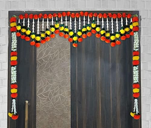 Pransh Artificial Marigold Door Toran with Mogra Ladi Set Bhonga Toran Orange Yellow with Mogra ...