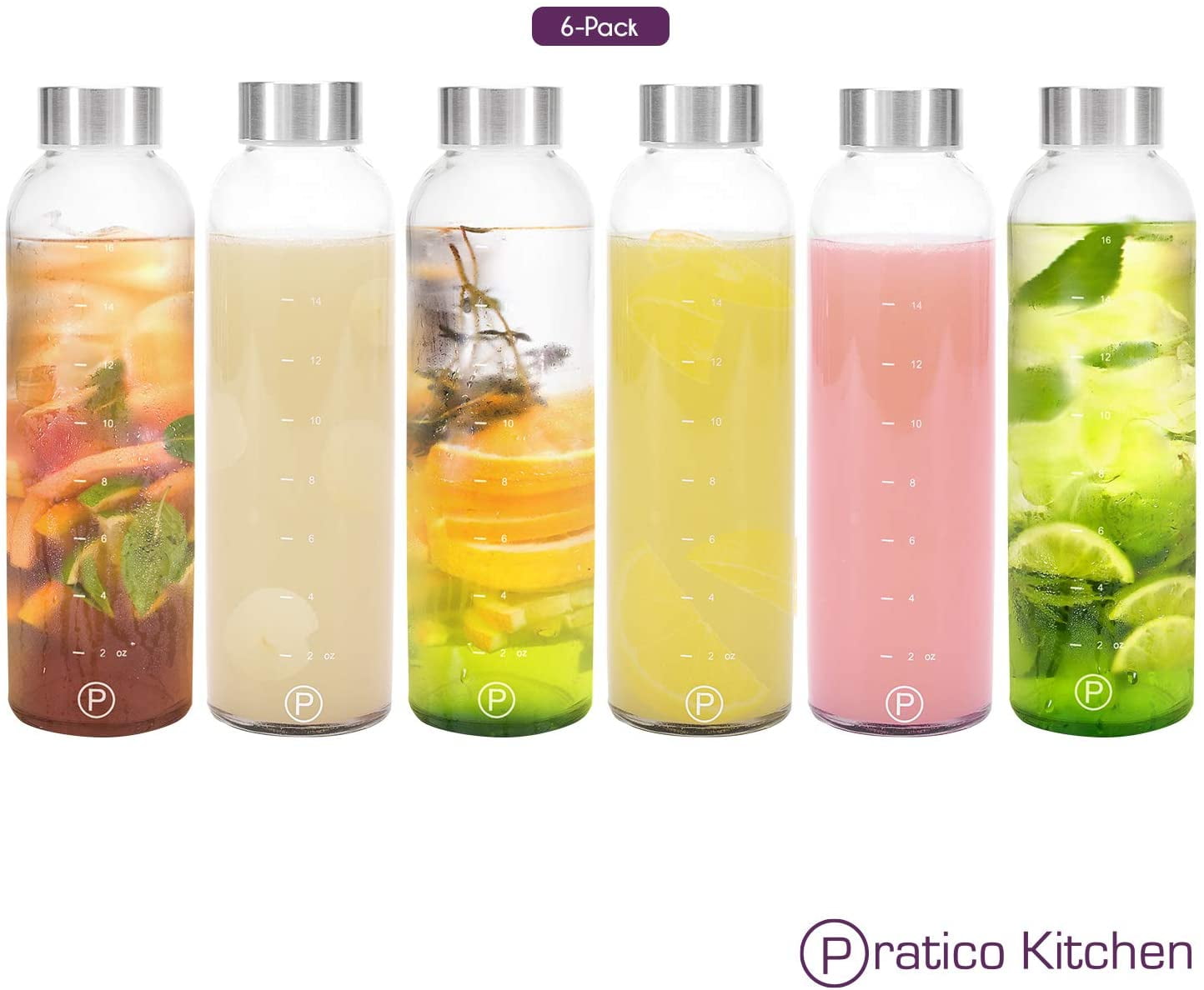 Pratico Kitchen 18 oz Leak-Proof Glass Bottles, 6 Pack with Stainless ...