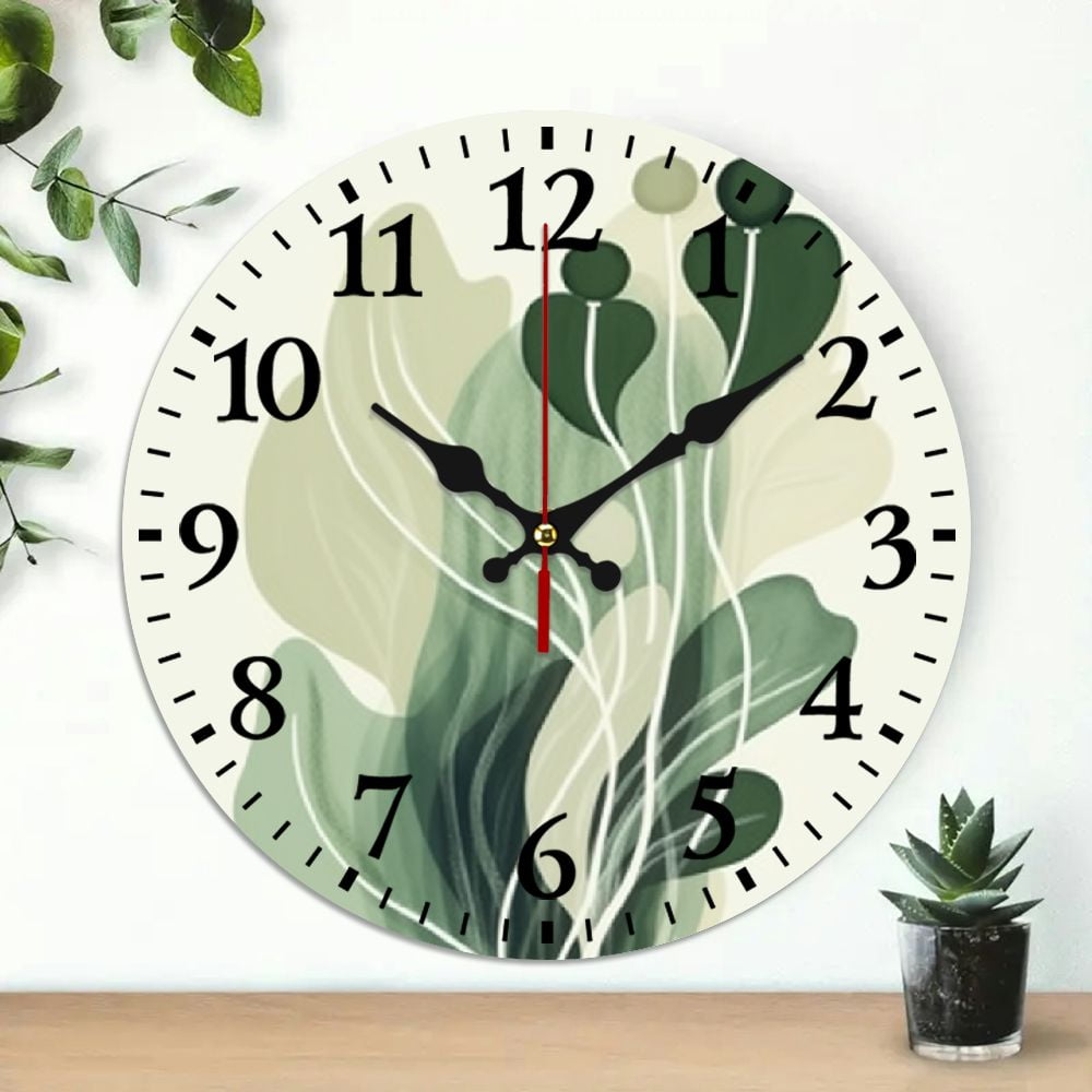 Pratyus 10 Inch Round Wooden Wall Clock Art Deco Leaves Print Silent ...