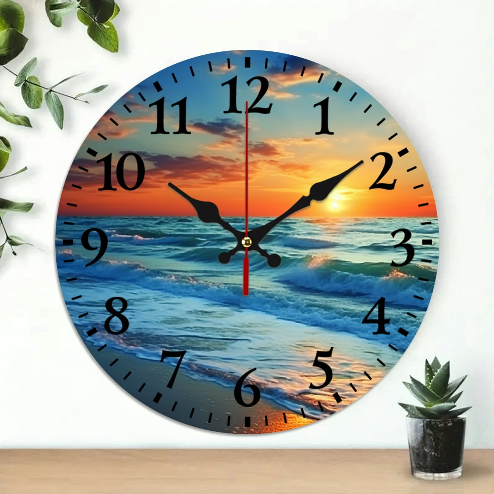 Pratyus 10 Inch Round Wooden Wall Clock with Sunset Ocean Beach Print ...