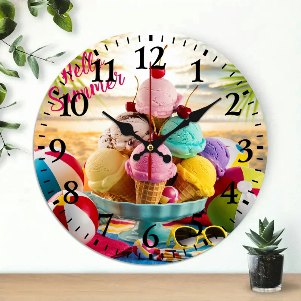 Pratyus 10 Inch Wall Clock Ice Cream Cones Cherries Summer Vibe Print ...