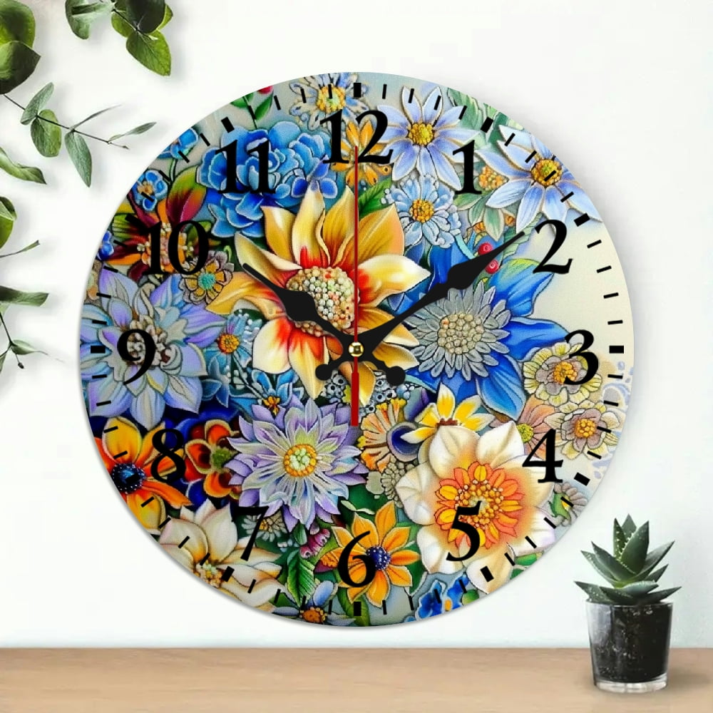 Pratyus 10 Inch Wooden Wall Clock Flowers Print Silent Mechanical ...
