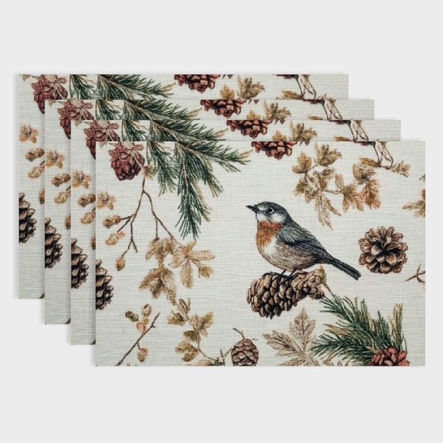 Pratyus Birds Flowers Pine Cone Linen Cloth Table Mats Set for Dining ...