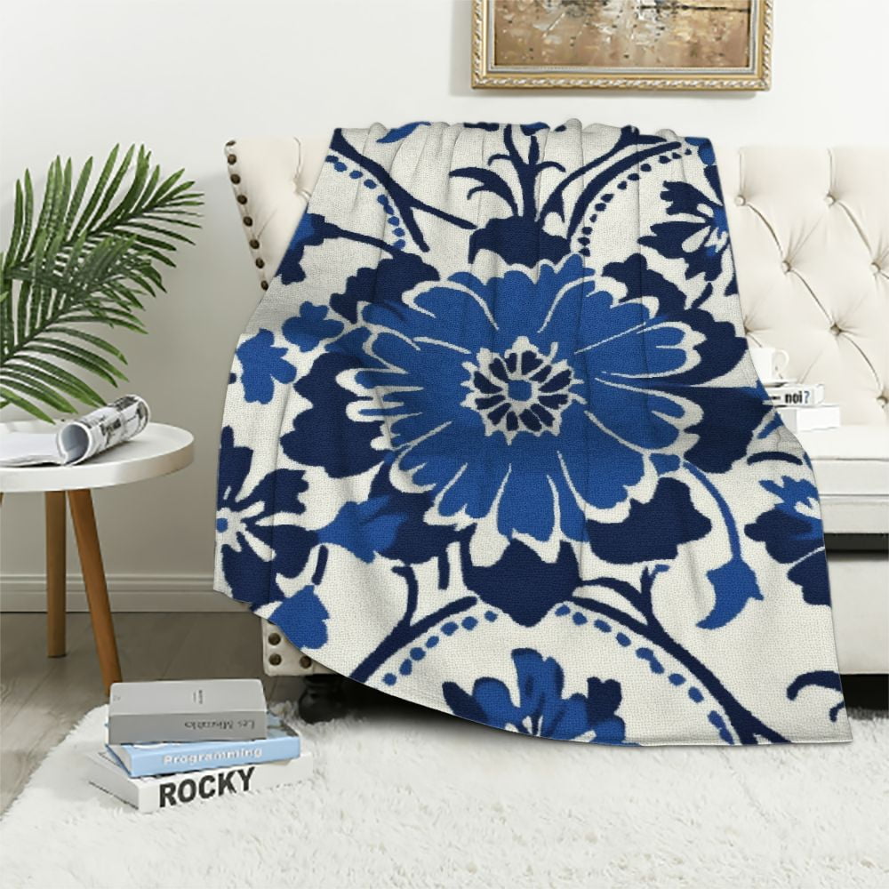 Pratyus Blue and White Pattern Throw Blankets for Sofa Couch ...