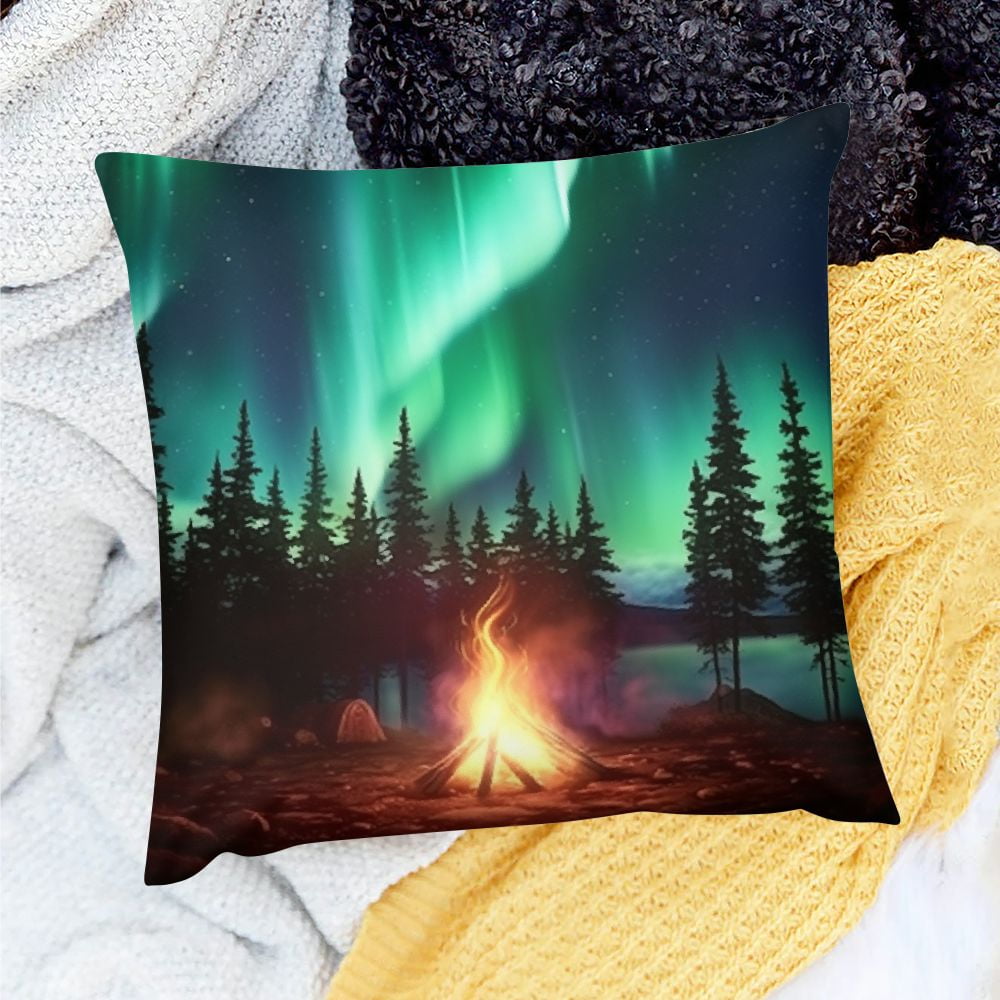 Pratyus Campfire Aurora Lights Trees Decor Holiday Pillow Cover for ...