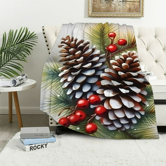 Pratyus Christmas Decor Snowy Pine Cones and Holly Berries Throw ...