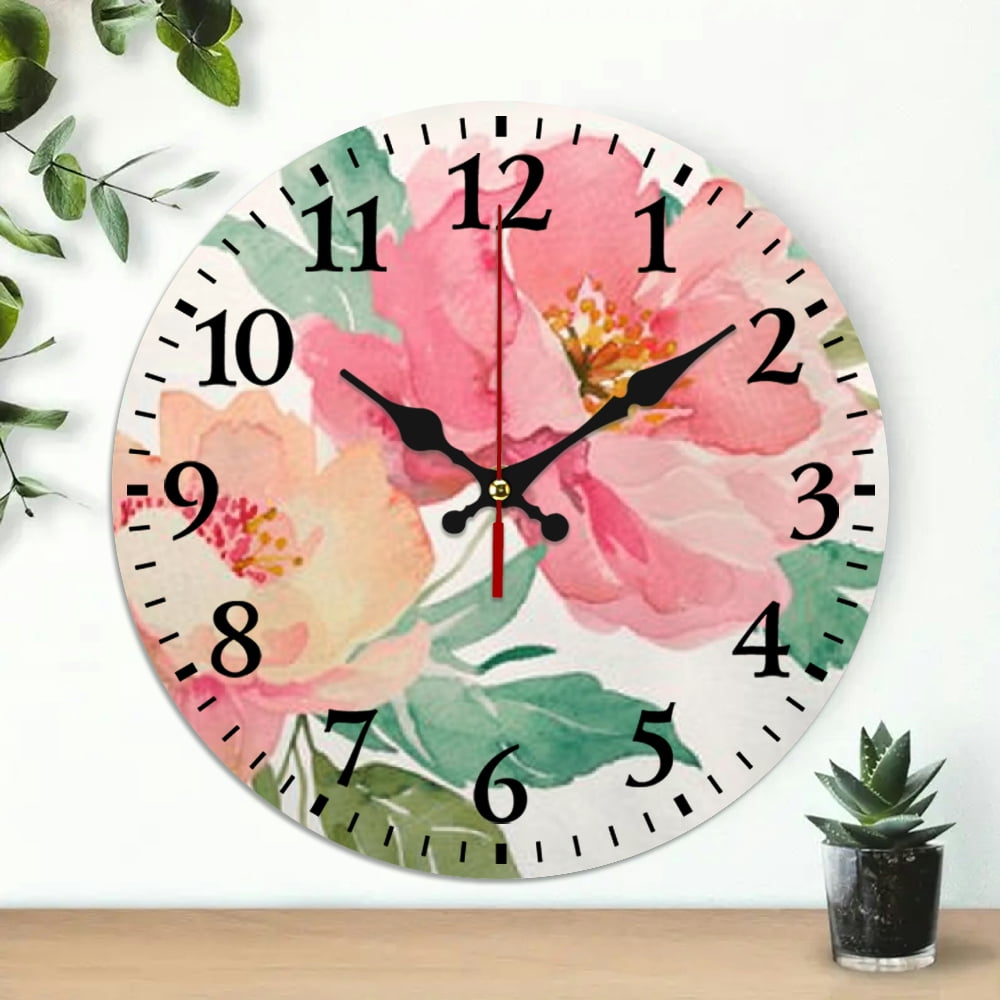 Pratyus Flowers Leaves Round Wooden Wall Clock Decor Silent Mechanical ...