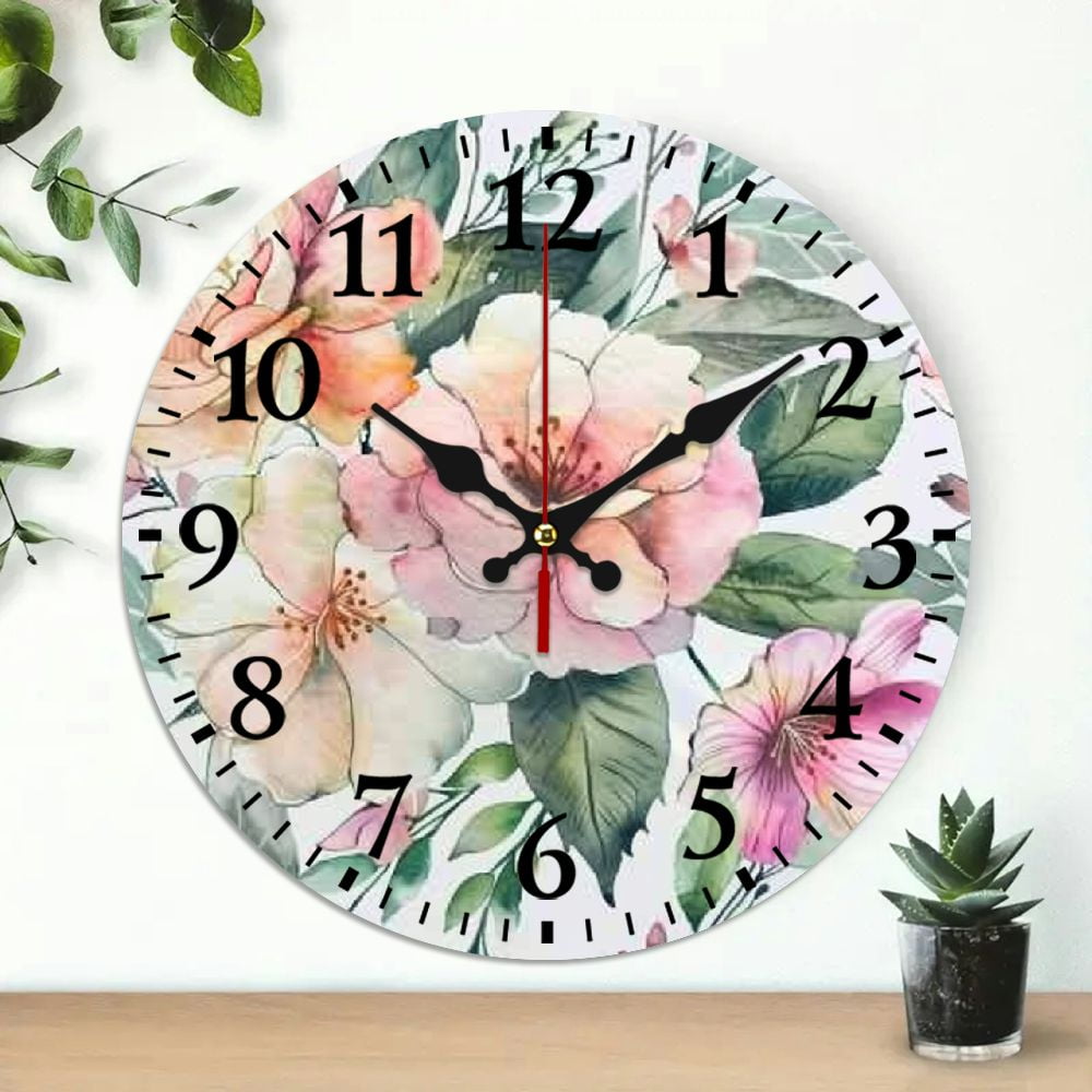 Pratyus Flowers Leaves Watercolor Painting Wall Clock Decor | Silent 10 ...