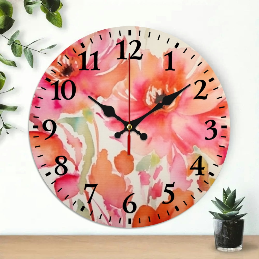 Pratyus Flowers Round Wooden Wall Clock Decor Silent Mechanical ...