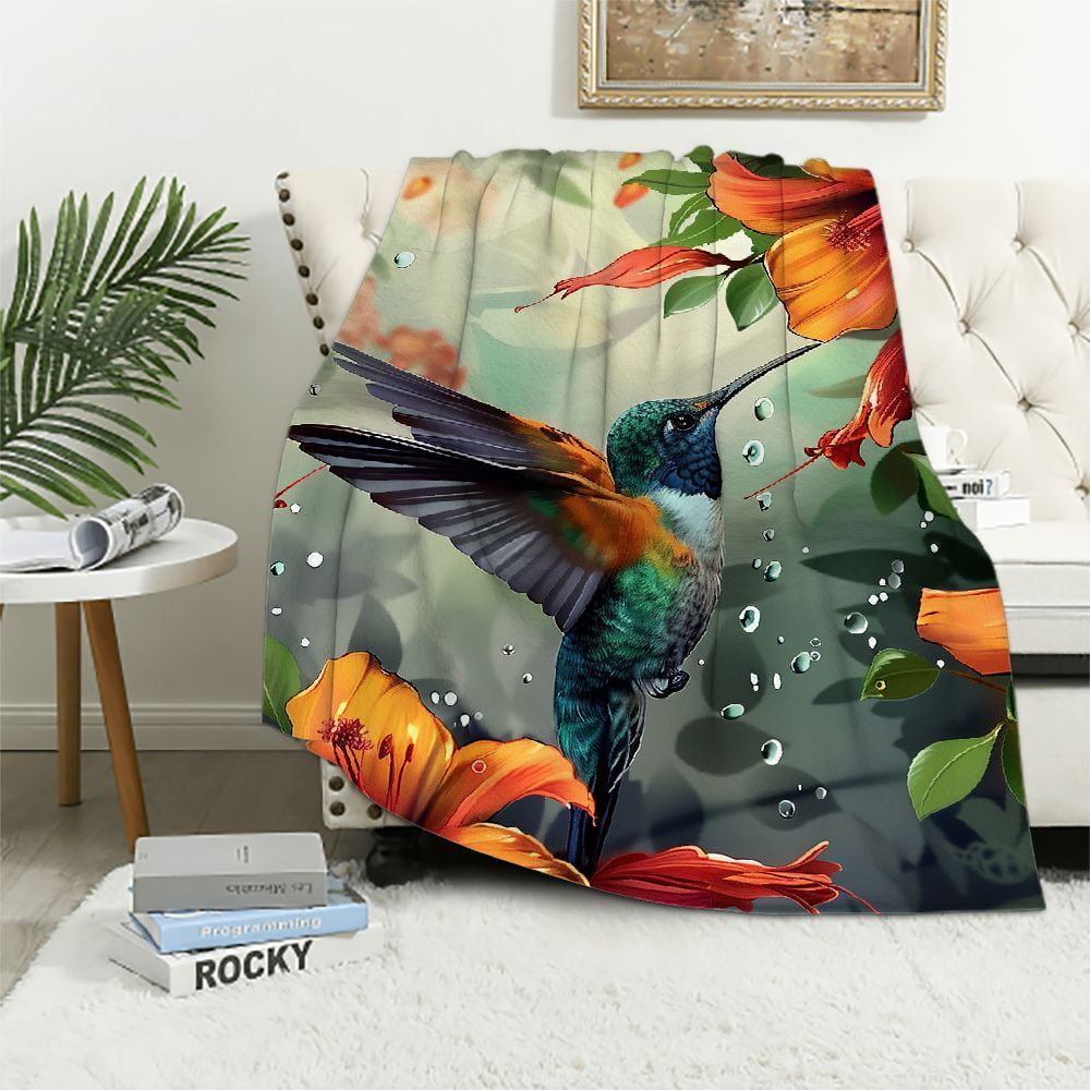 Pratyus Hummingbird Flowers Water Droplets Flannel Throw Blanket for ...