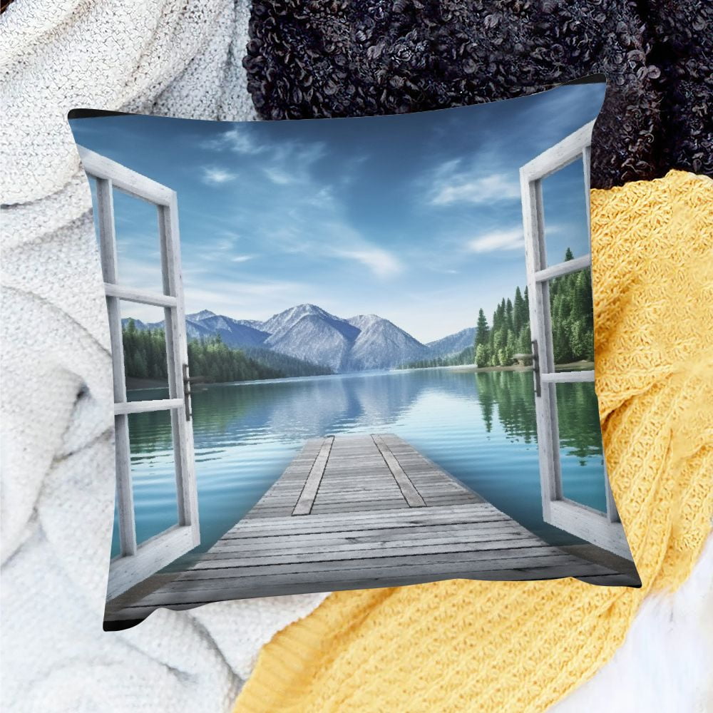 Pratyus Mountains Lake Dock Theme Pillow Covers for Home Sofa Couch ...