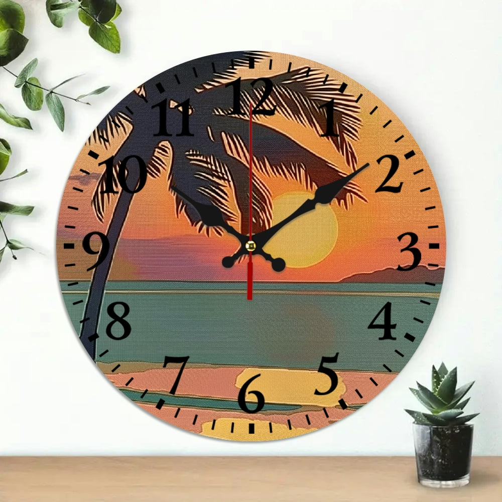 Pratyus Palm Tree Beach Sunset Wall Clock Decor Battery Operated 10-inch Round Analog Silent ...