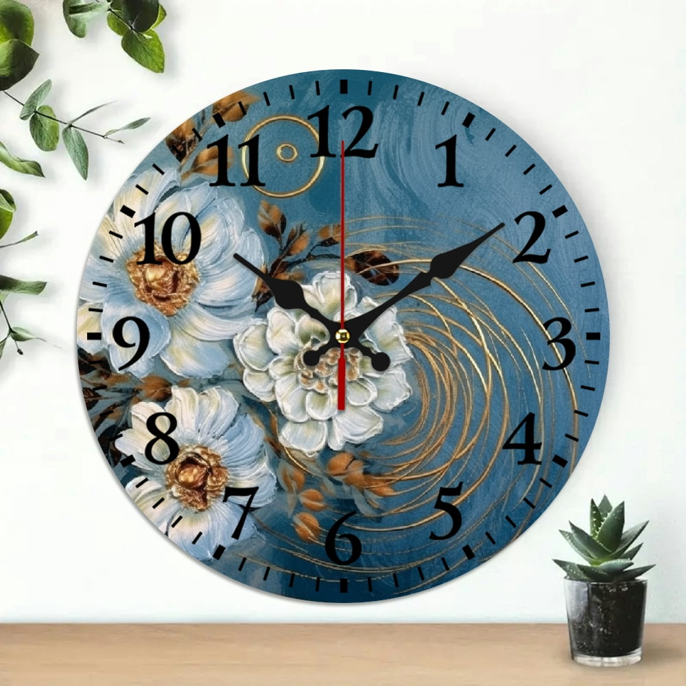 Pratyus Round Wooden Wall Clock Flowers Gold Spiral Design Print Wall ...