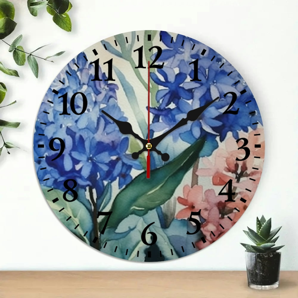 Pratyus Round Wooden Wall Clock Flowers Leaves Watercolor Print Wall ...