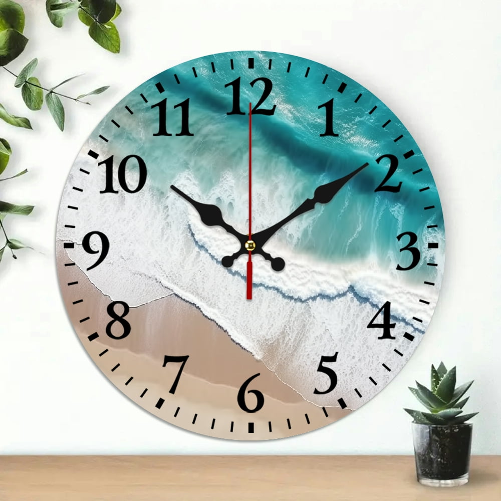 Pratyus Round Wooden Wall Clock with Waves Beach Ocean Print, Wall Art ...