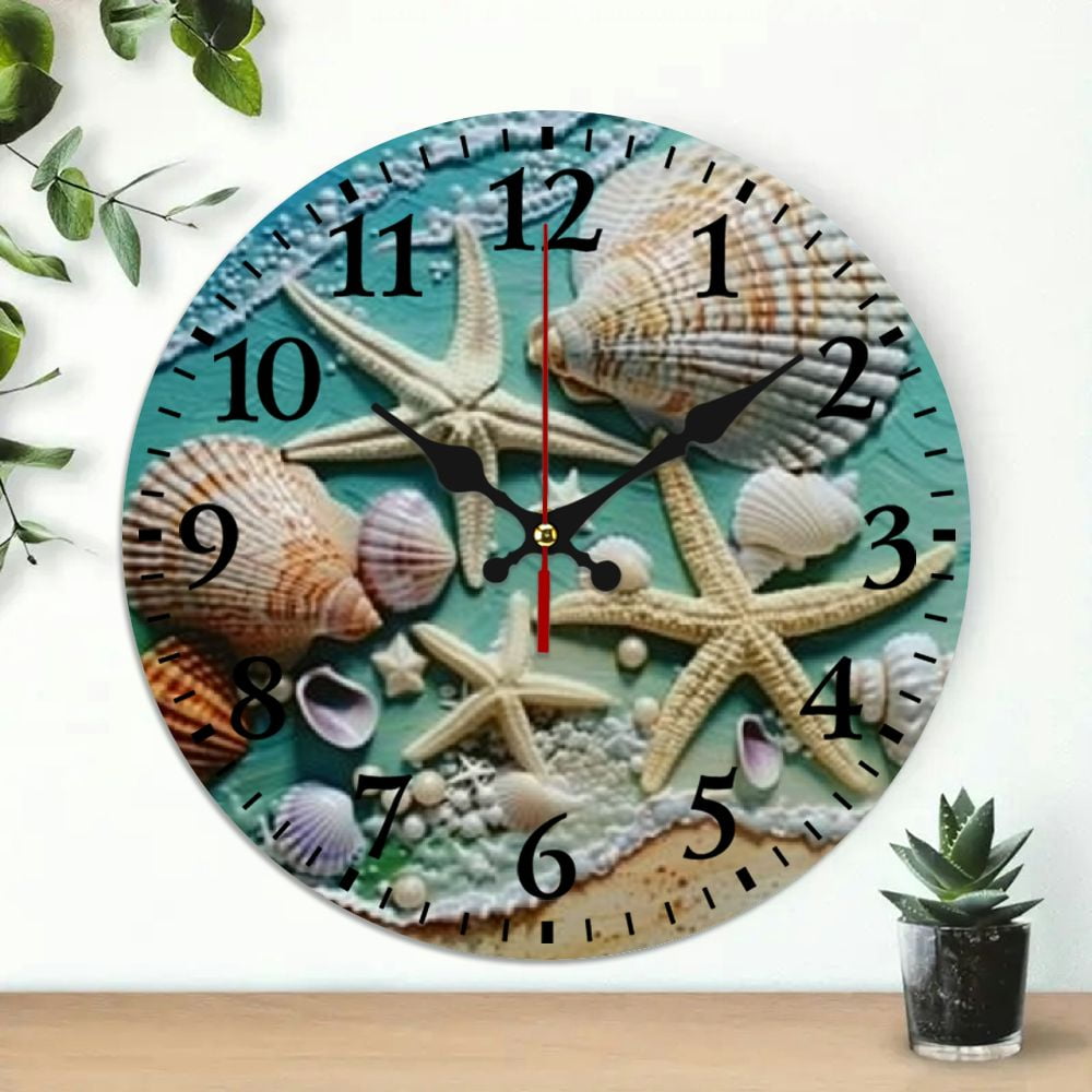 Pratyus Seashells Starfish Beach Theme Wooden Wall Clock, 10 Inch Round ...