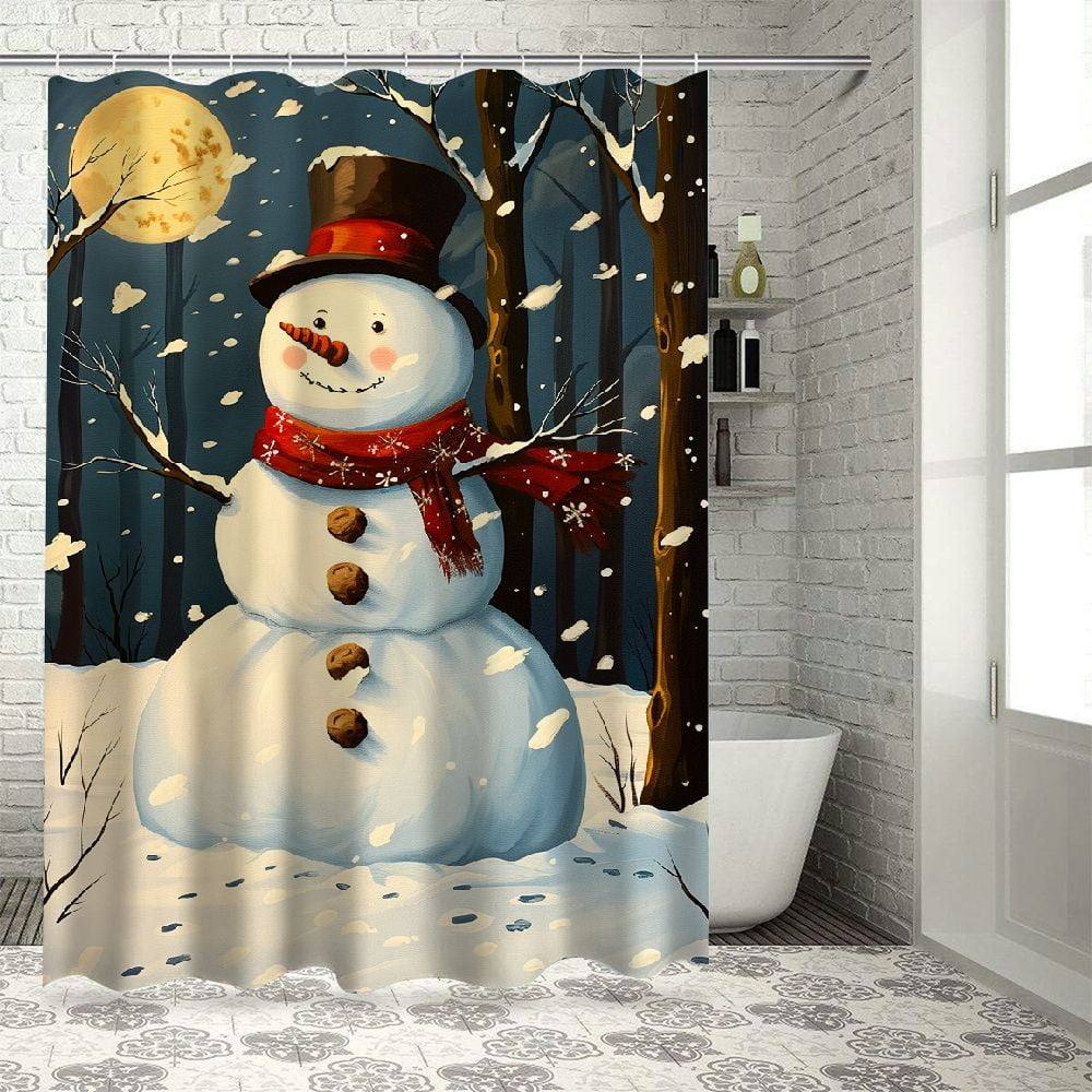 Pratyus Snowman Snowy Forest Full Moon Shower Curtain with Hooks ...