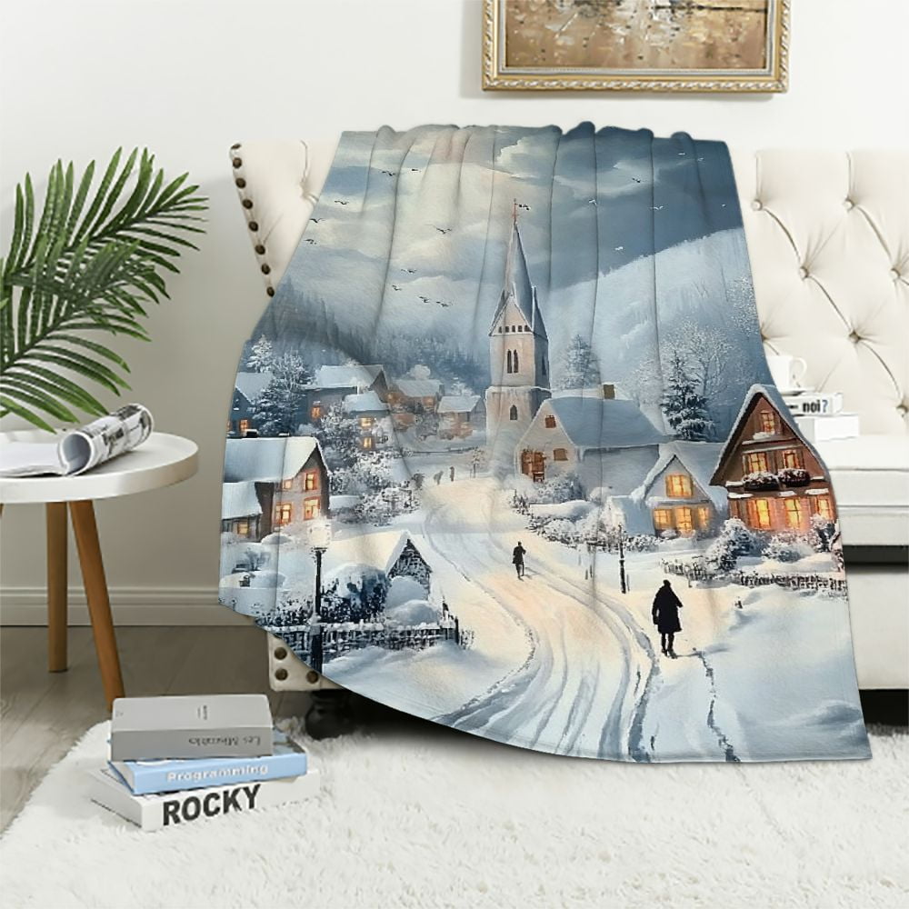 Pratyus Snowy Village Church Person Flannel Throw Blanket for Couch ...