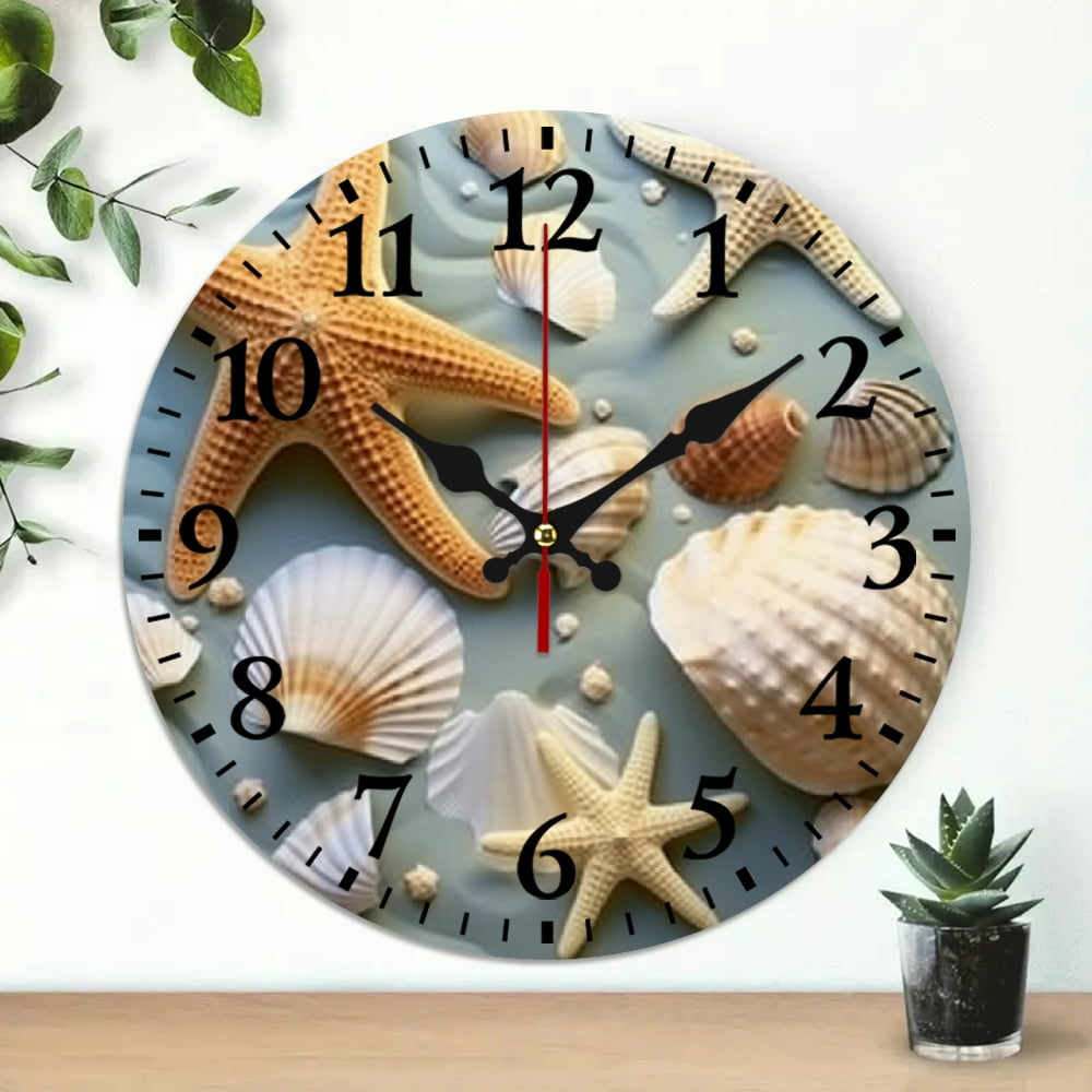 Pratyus Starfish Seashells Beach Round Wooden Wall Clock for Home Decor ...