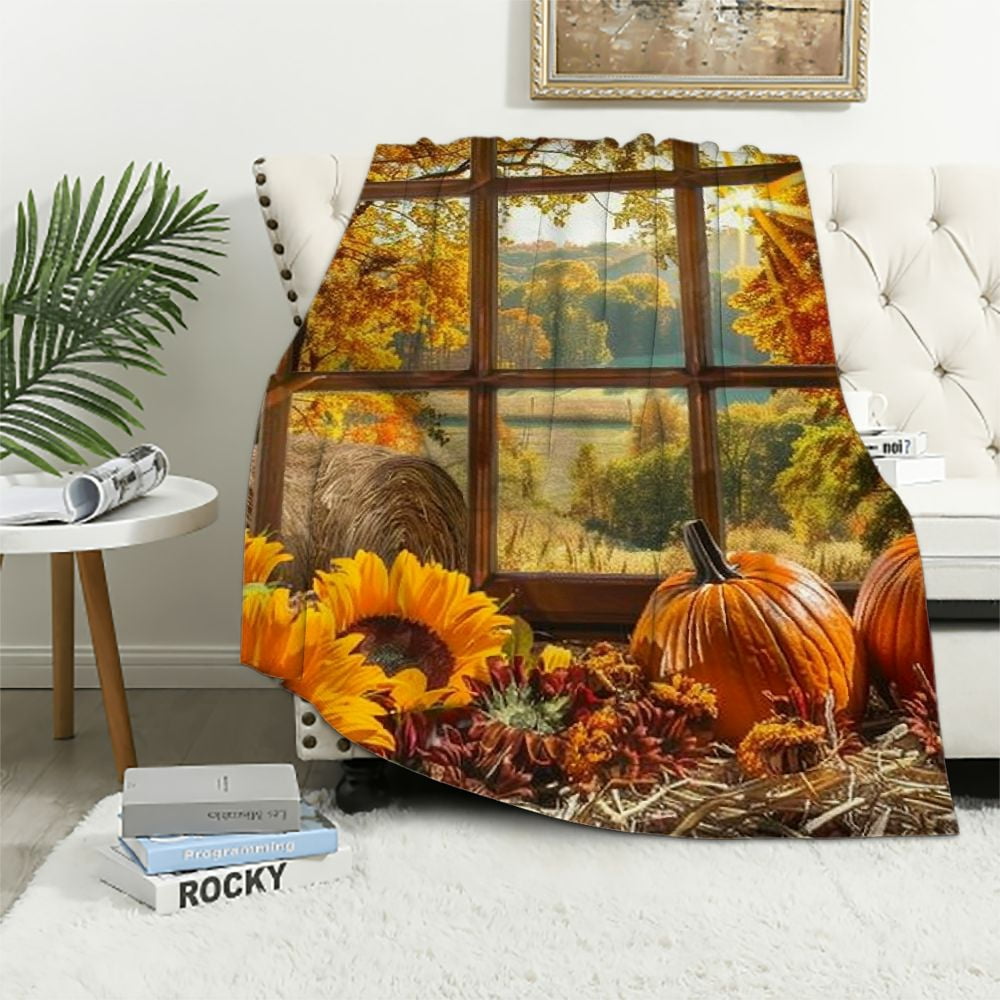 Pratyus Sunflowers Pumpkins Hay Bales Thanksgiving Throw Blanket ...