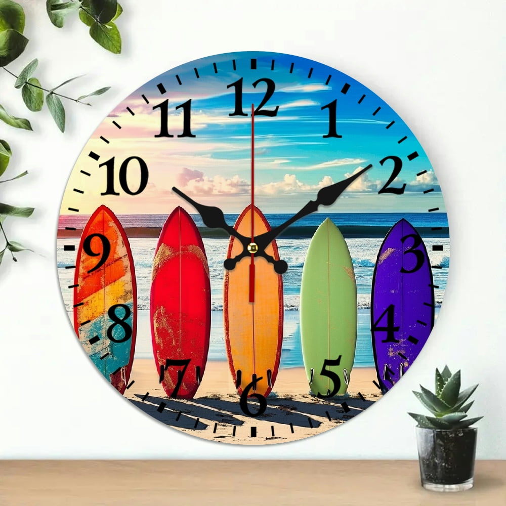 Pratyus Surfboards Beach Ocean Round Wooden Wall Clock Decor 10 Inches ...