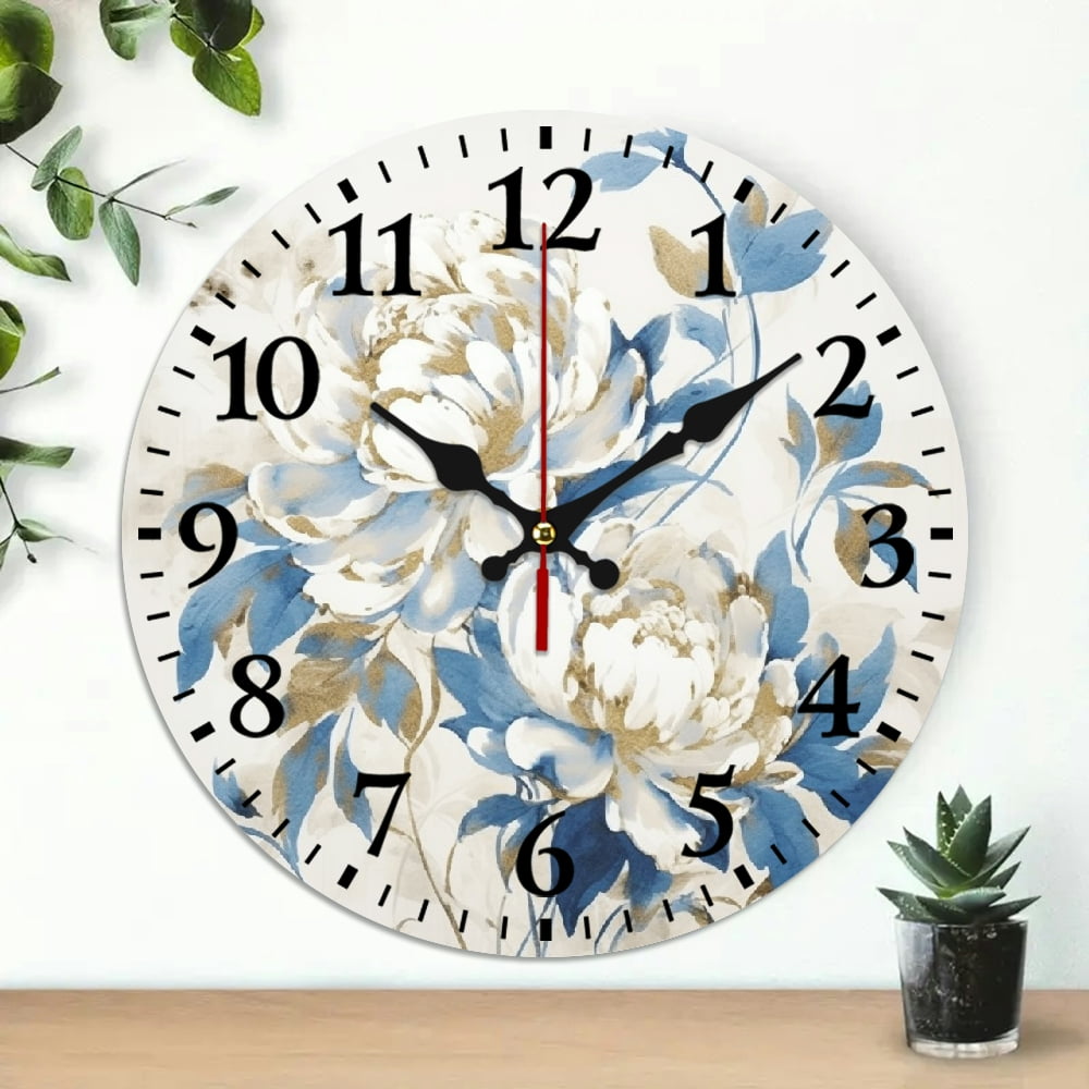 Pratyus Wall Clock Flowers Blue Leaves Watercolor Painting Print Silent ...