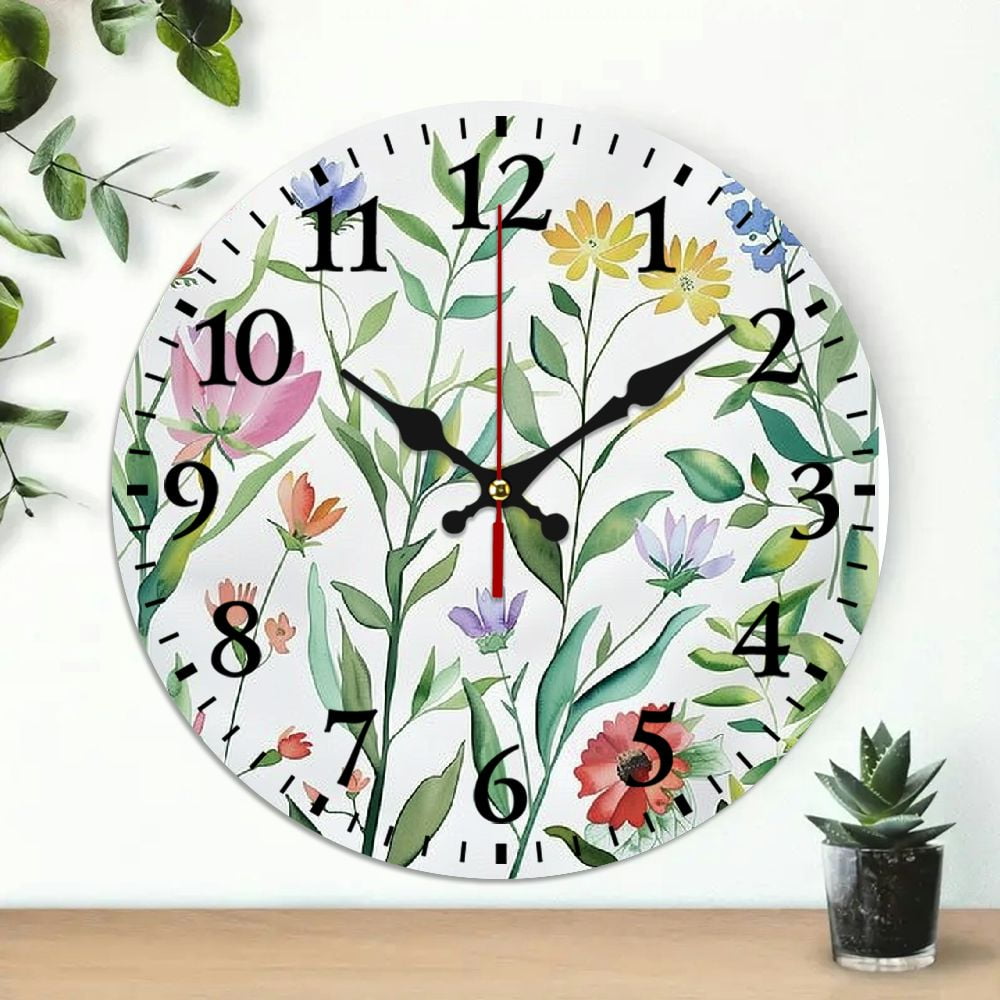 Pratyus Wall Clock, Flowers and Green Leaves Print, Silent Mechanism ...