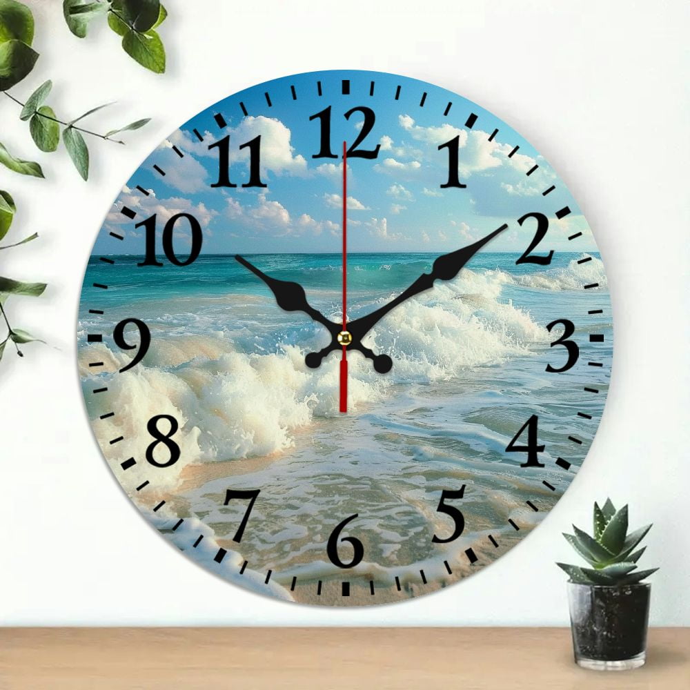 Pratyus Waves Ocean Theme Wall Clock 10 Inch Round Wooden Decor Clock ...