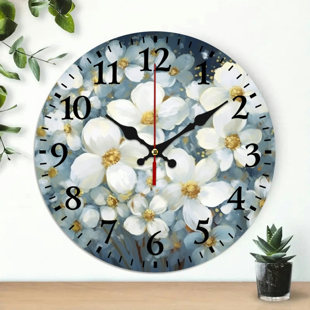 Pratyus White Flowers Blue Background Round Wooden Wall Clock Wall ...
