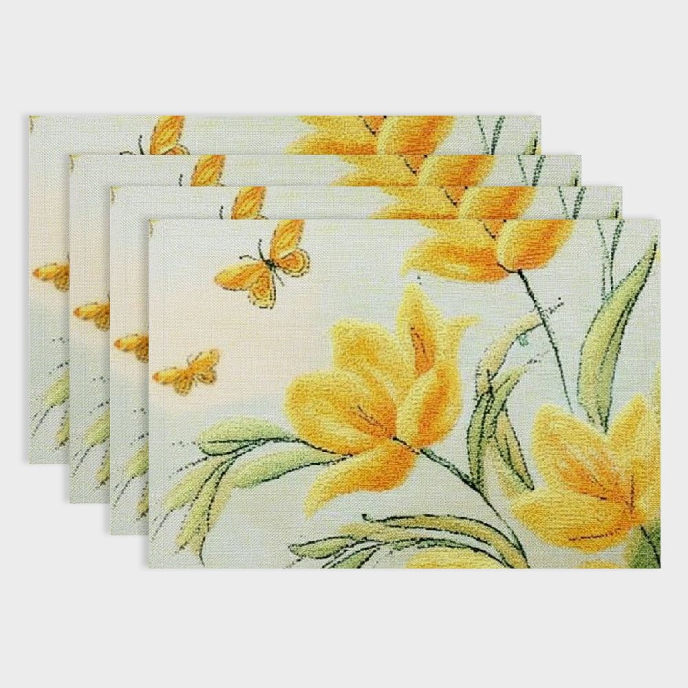 Pratyus Yellow Flowers Butterflies Linen Dining Table Placemats Set of ...